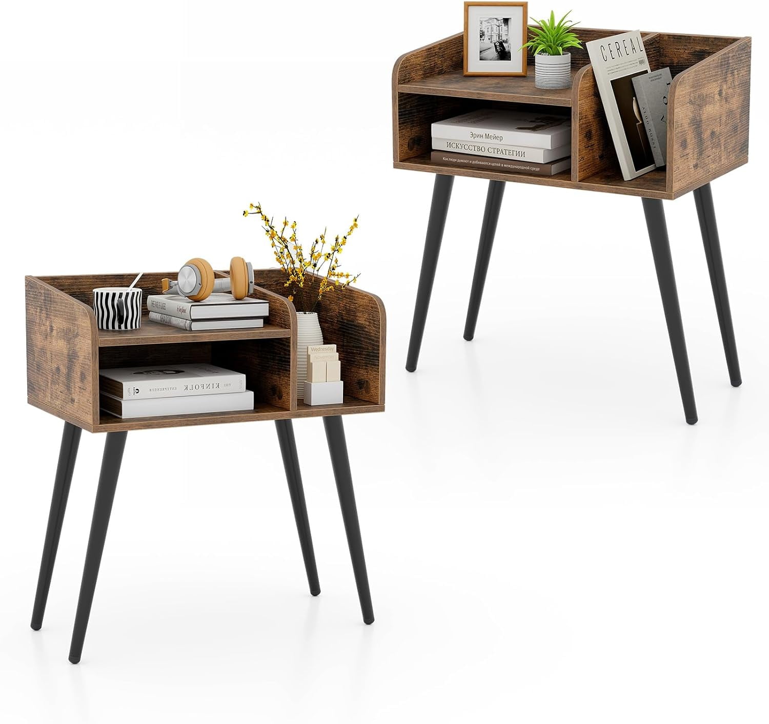 BHUIK 2-Tier Nightstand with Open Shelves, Mid-Century Modern Bedside Table with Metal Legs and ...