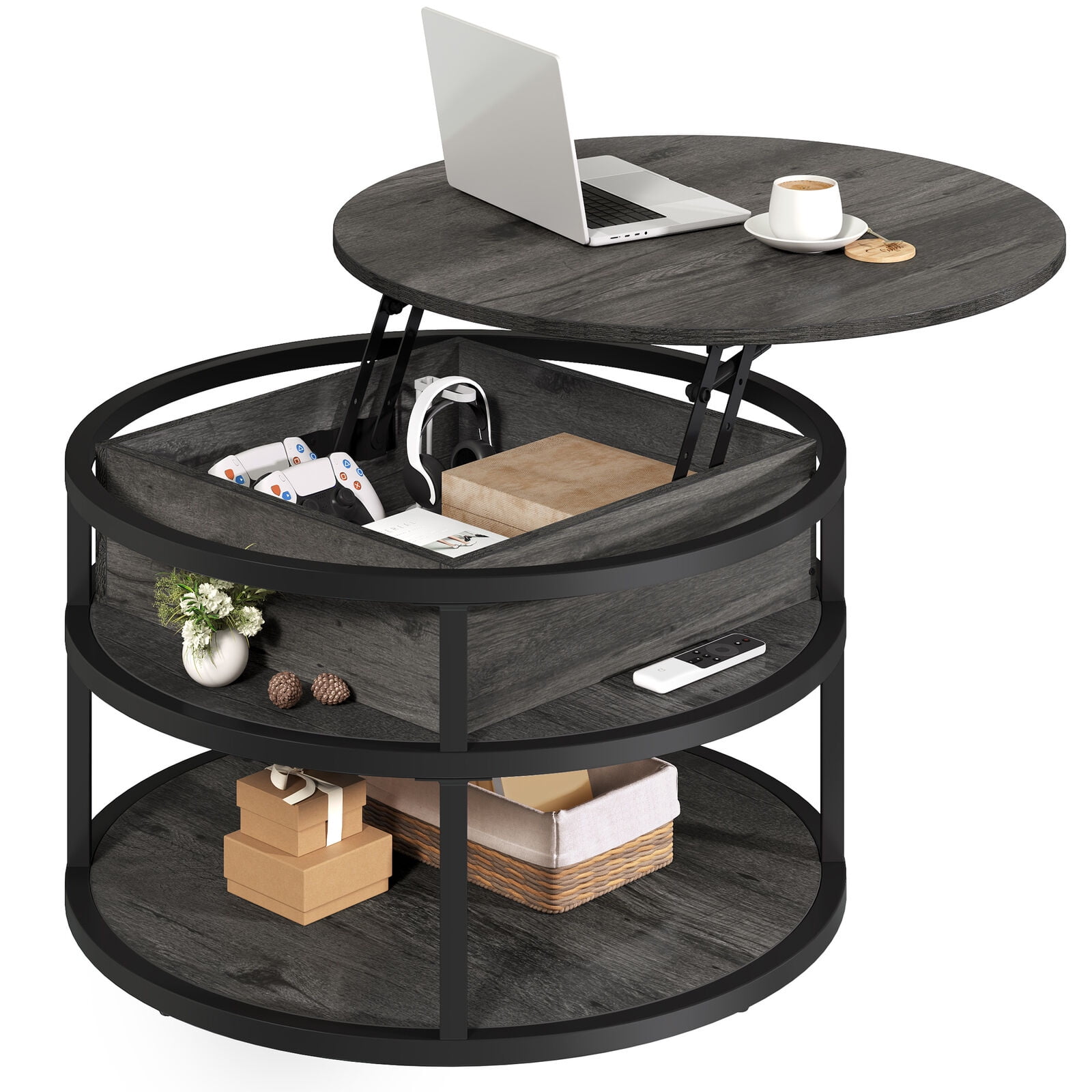 BHUIK 2 Tier Round Lift Top Coffee Table with Hidden Storage, Modern ...