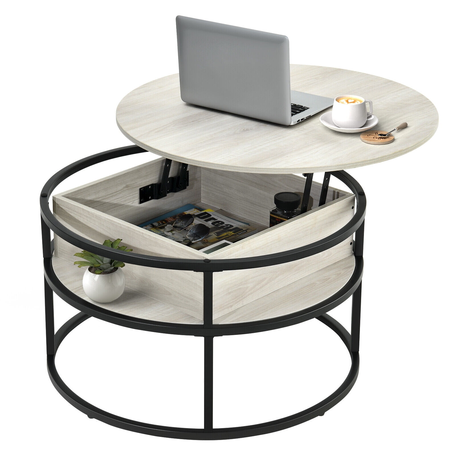 BHUIK 2 Tier Round Lift Top Coffee Table with Hidden Storage, Modern ...