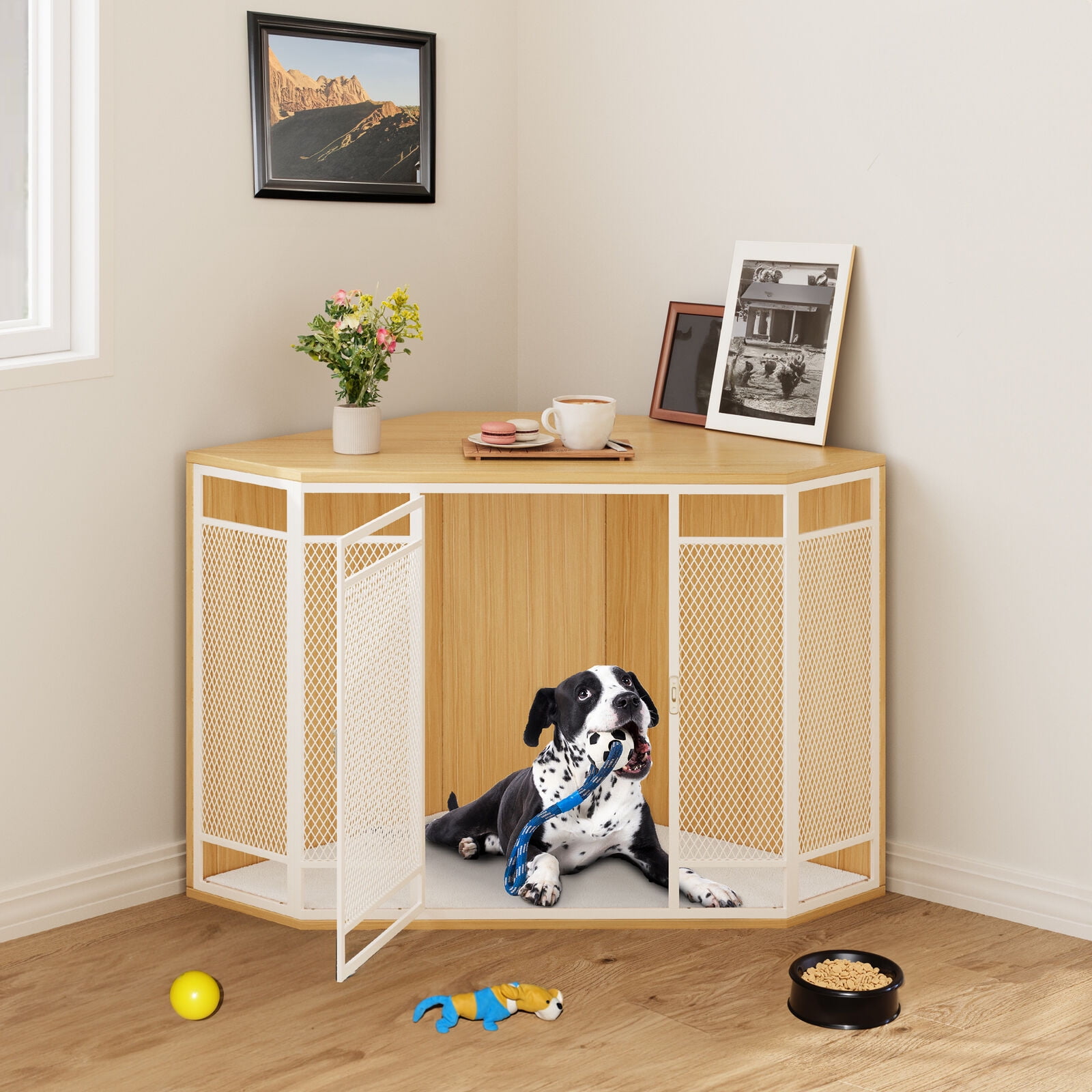 BHUIK 36" Corner Dog Crate Furniture, Wooden Pet Kennel with Metal Mesh ...