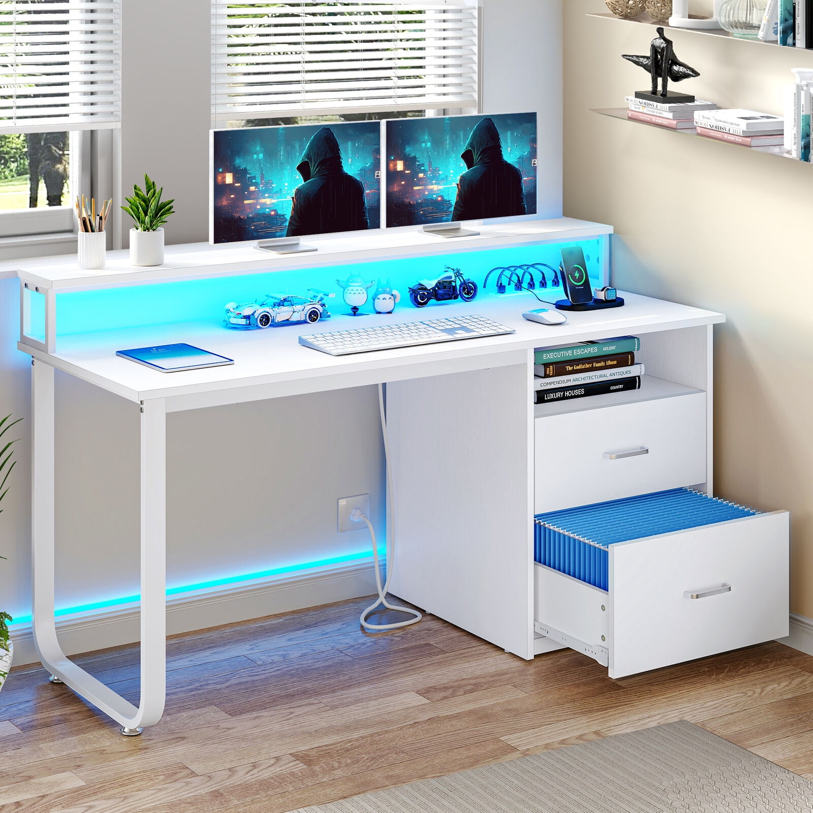 BHUIK 47/55 Inch LED Home Office Desk with File Drawer, Power Outlets ...