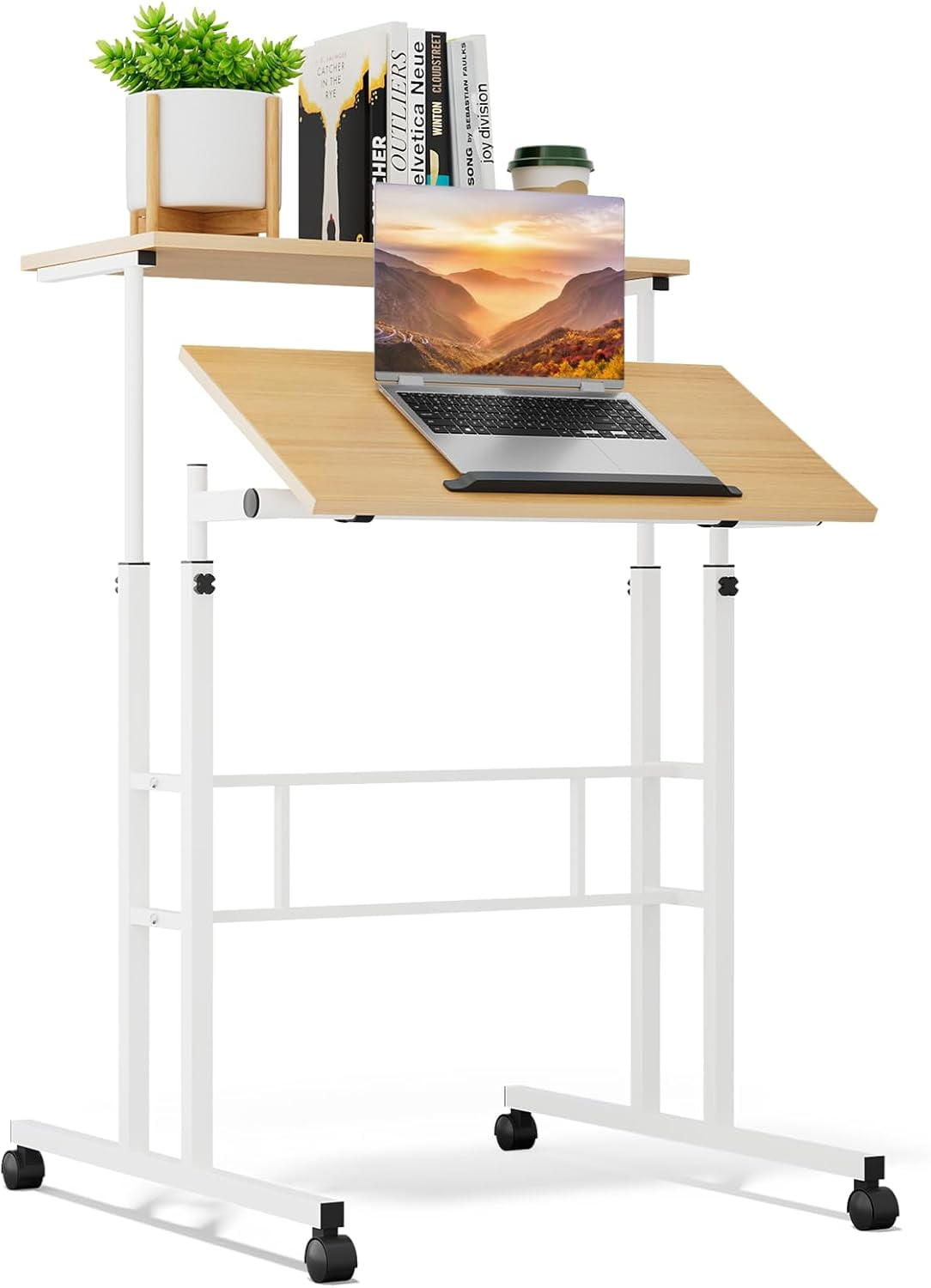 BHUIK Height Adjustable Rolling Desk, Portable Mobile Laptop Stand Cart ...