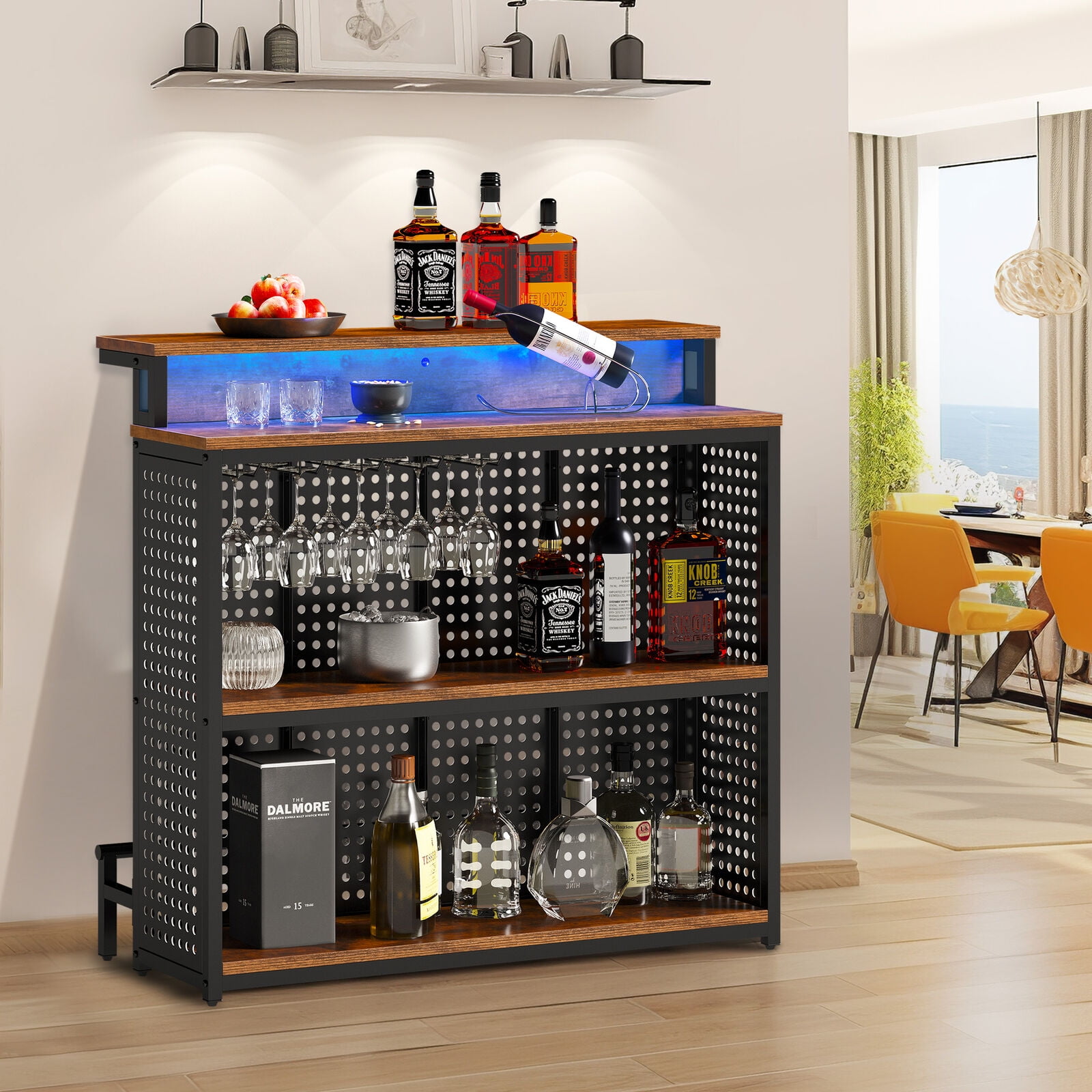 BHUIK Mini Home Bar Unit with LED Light, Rustic Brown Liquor Wine ...