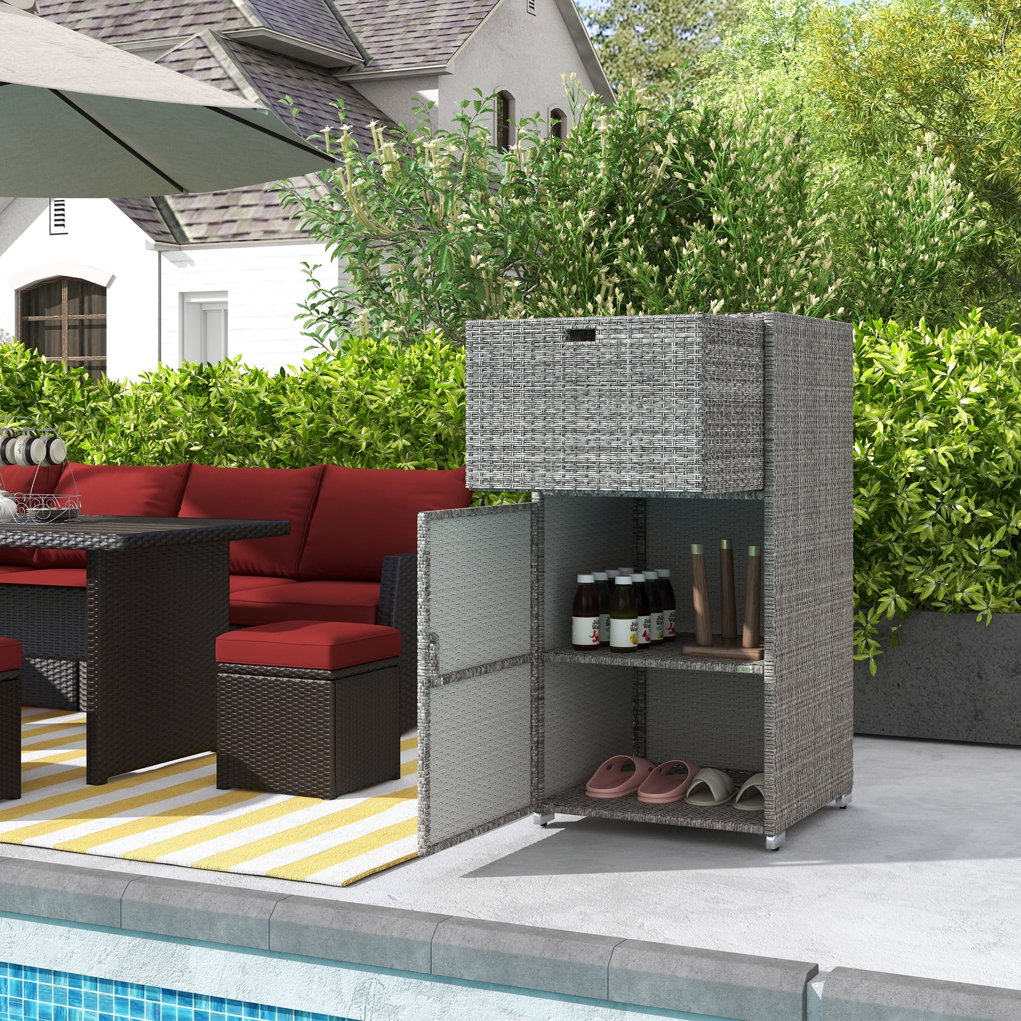 BHUIK Outdoor Pool Towel Rack with Drawer and Cabinet, Rattan Poolside ...