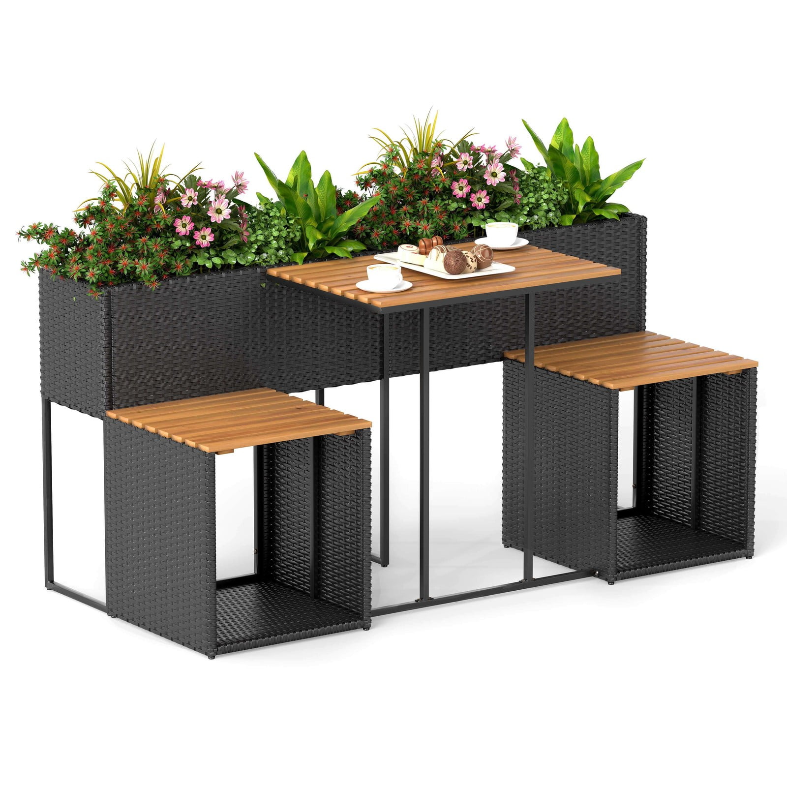 BHUIK Patio Furniture Set with Raised Garden Bed, Built-in Table & 2 ...