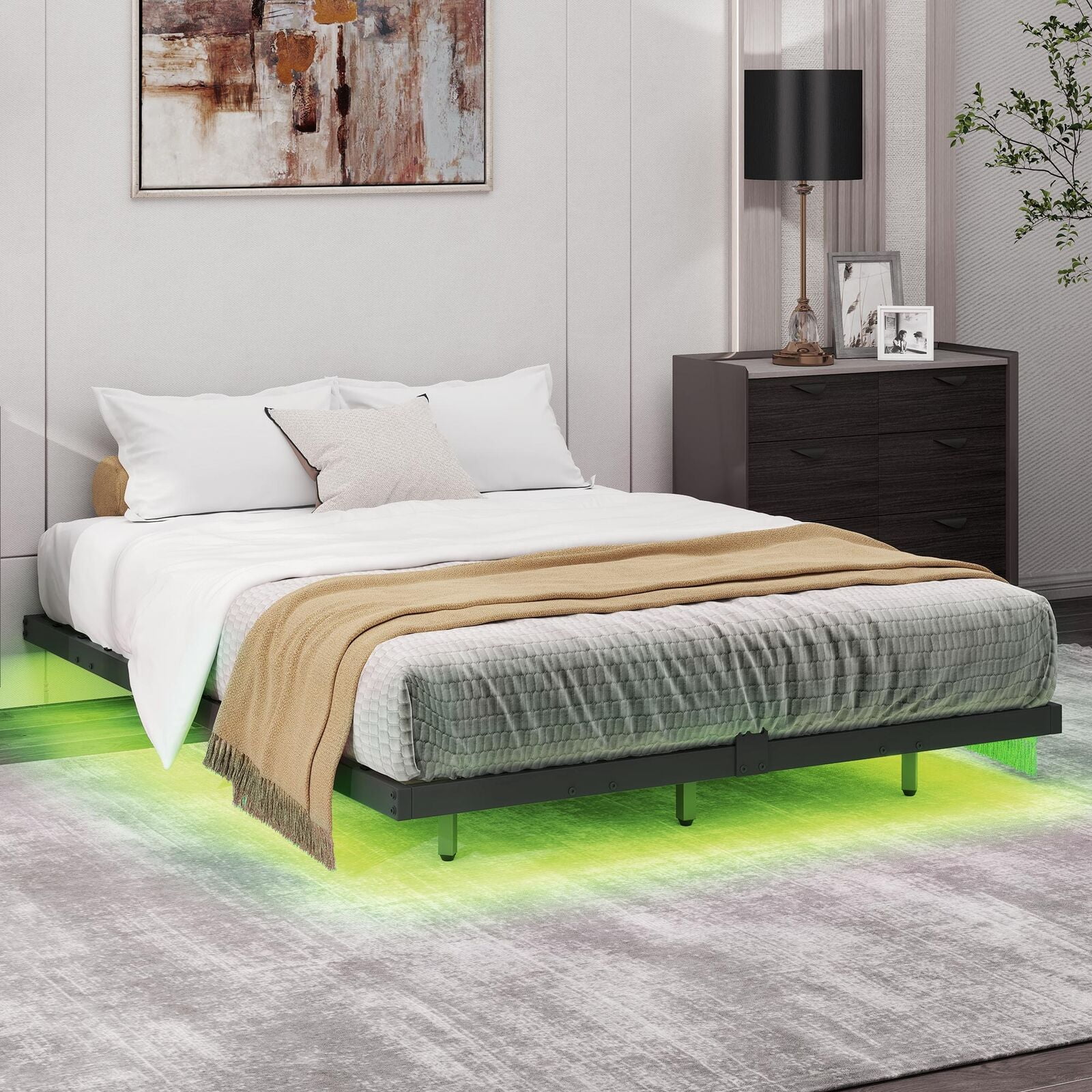 BHUIK Queen Floating Bed Frame with RGB Lights & Charging Station ...