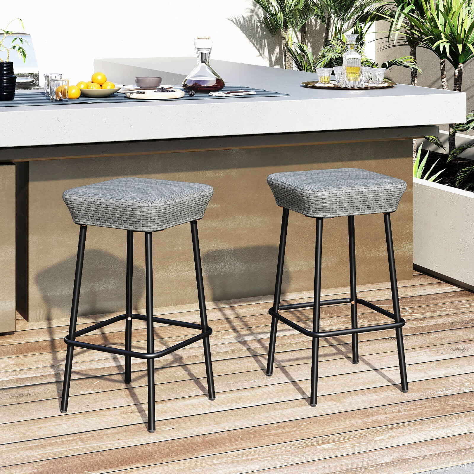 BHUIK Set of 2 29.5" Metal Bar Height Stools with Rattan Seat ...