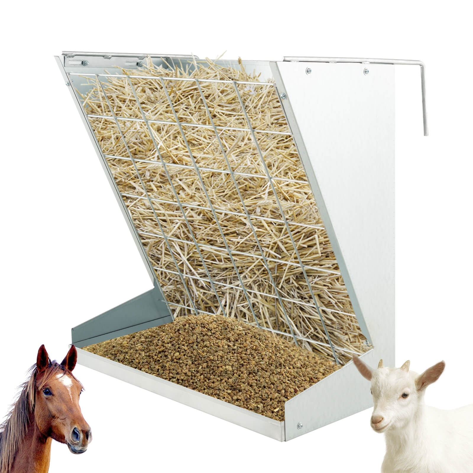 BHUIK Wall Mount Hay Feeder with Mesh Net & Grain Tray, 2-in-1 Hanging ...