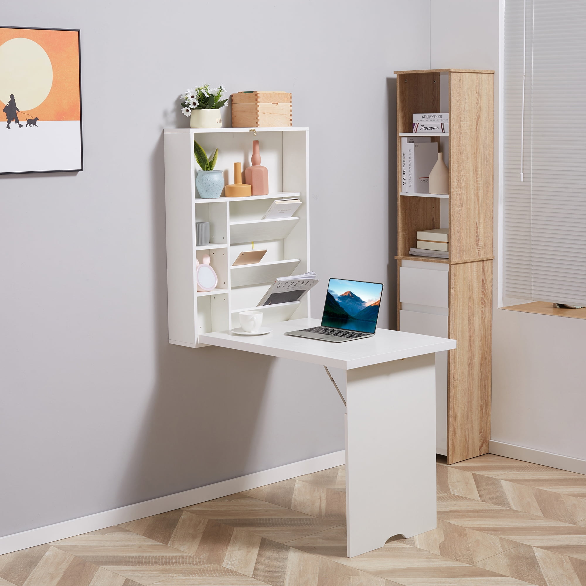 BHUIK Wall Mounted Folding Desk with Storage, Convertible Writing Table ...