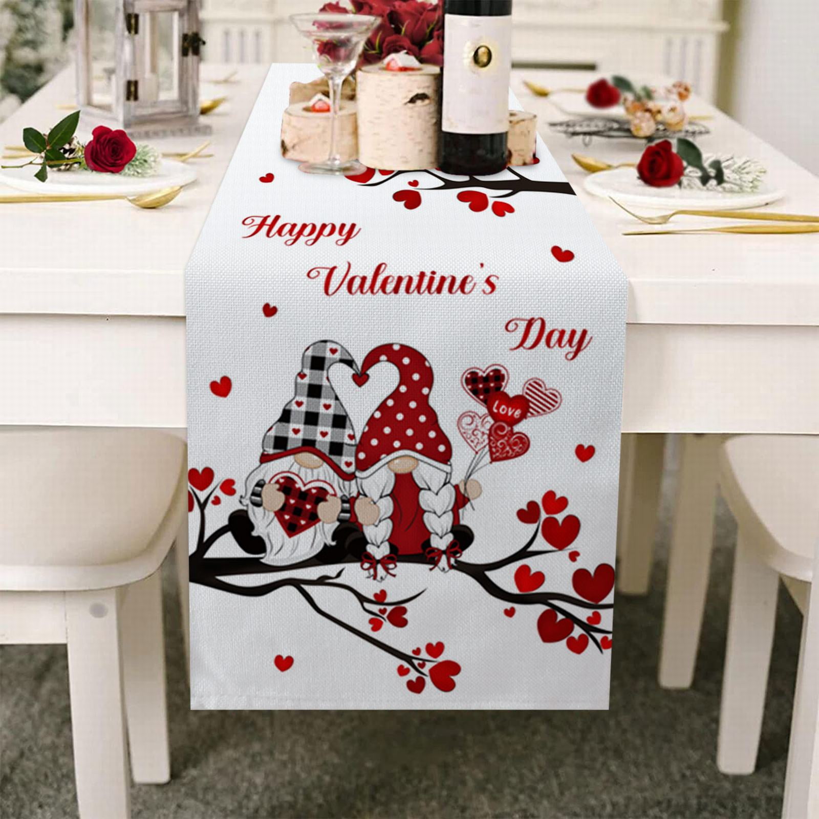 BHXYSGD Valentines Day Table Runner, Gnomes with Pink Red Love Heart ...