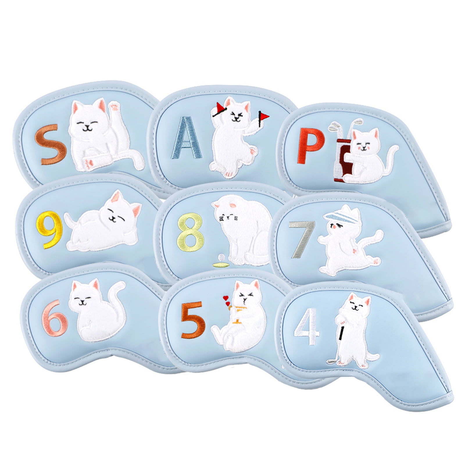 BIBABLYKE 9Pcs Golf Iron Head Cover Cats Pattern PU Protective Case ...