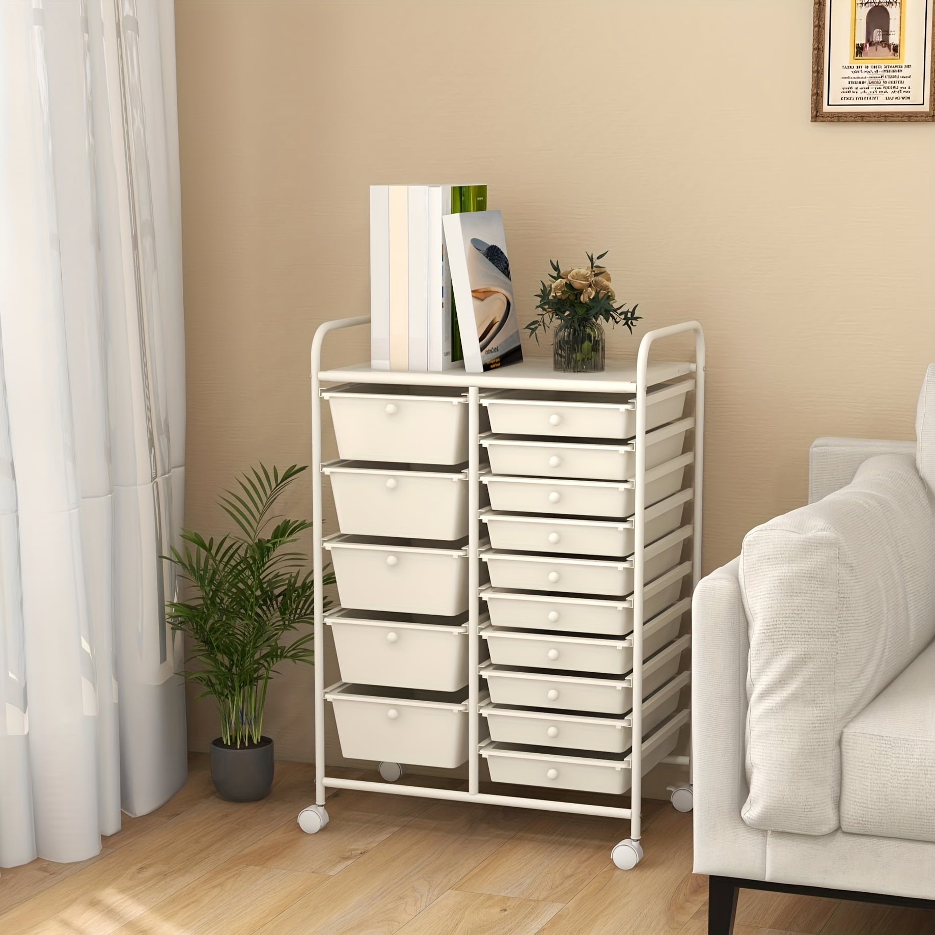 BIBEAR 15-Drawer Rolling Storage Cart, Heavy-Duty Mobile Utility Cart w ...