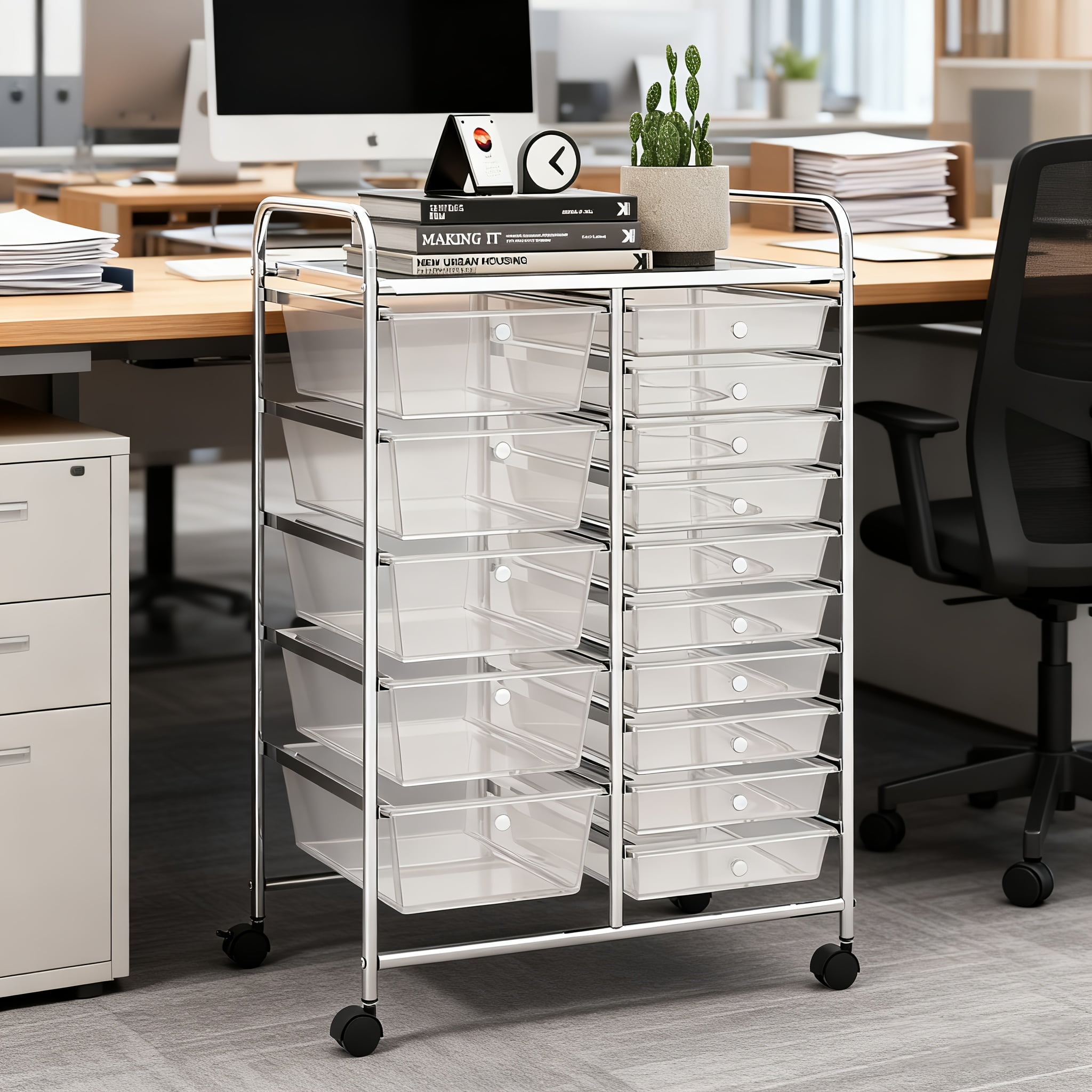 BIBEAR 15-Drawer Rolling Storage Cart, Heavy-Duty Mobile Utility Cart w ...