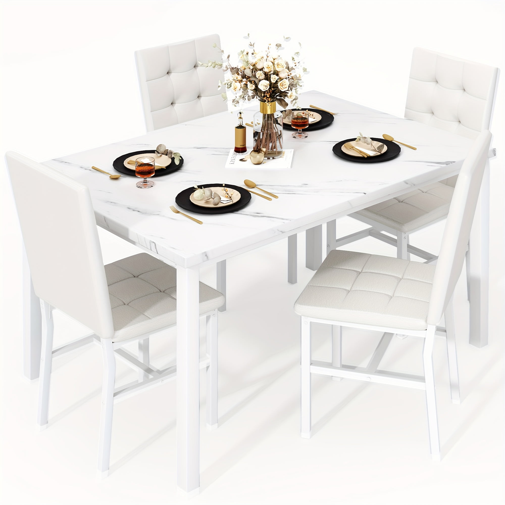BIBEAR 5pcs 4-Seat Dining Table Set - Faux Marble Table & 4 Metal Leg ...