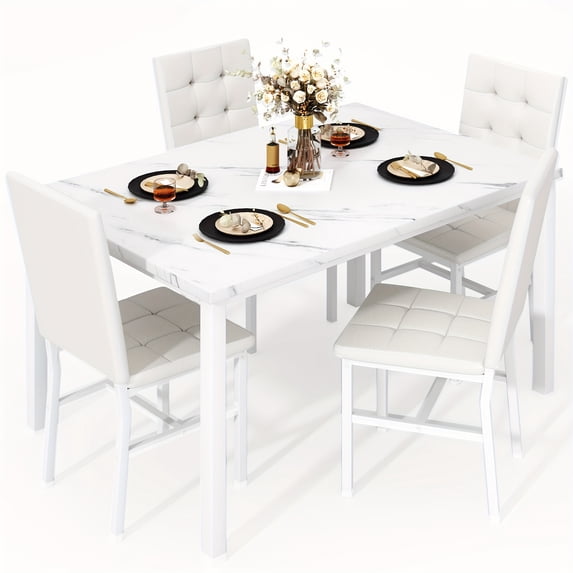 BIBEAR 5pcs 4-Seat Dining Table Set - Faux Marble Table & 4 Metal Leg ...
