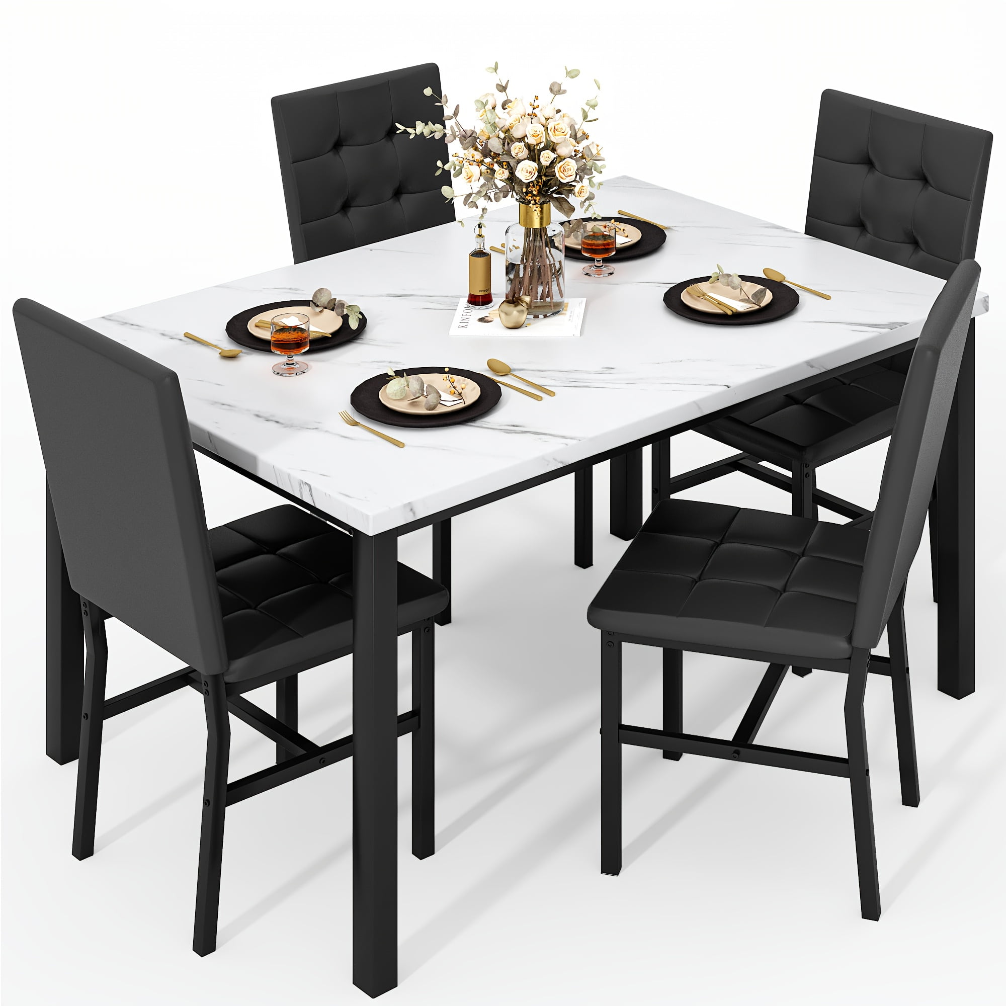 BIBEAR 5pcs 4-Seat Dining Table Set - Faux Marble Table & 4 Metal Leg ...
