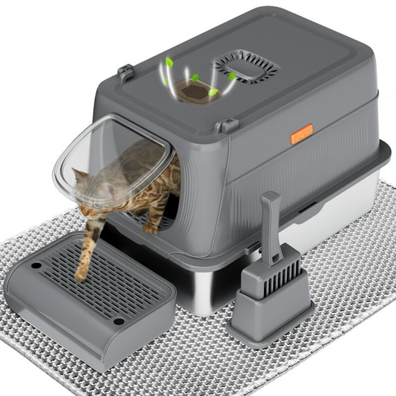 BIBEAR Extra Large Stainless Steel Cat Litter Box - Fully Enclosed Anti ...