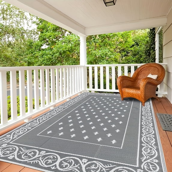 BIBEAR Reversible Plastic Straw Outdoor Mat, Grey & White Checkered ...