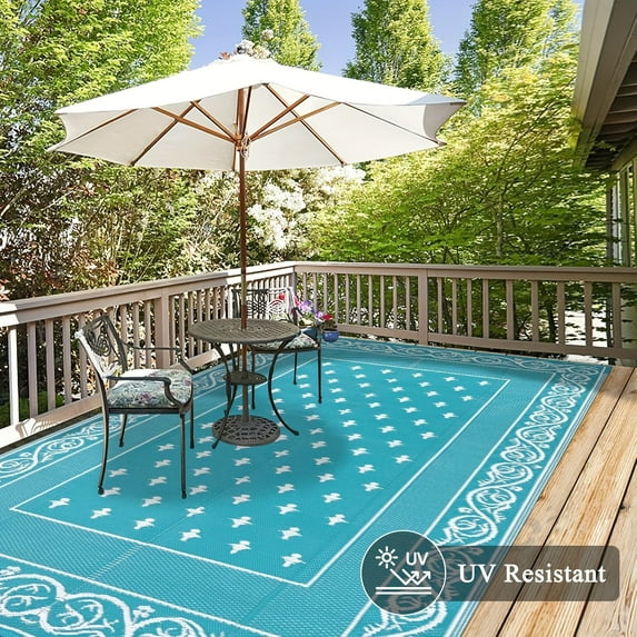 BIBEAR Reversible Plastic Straw Outdoor Mat, Grey & White Checkered ...