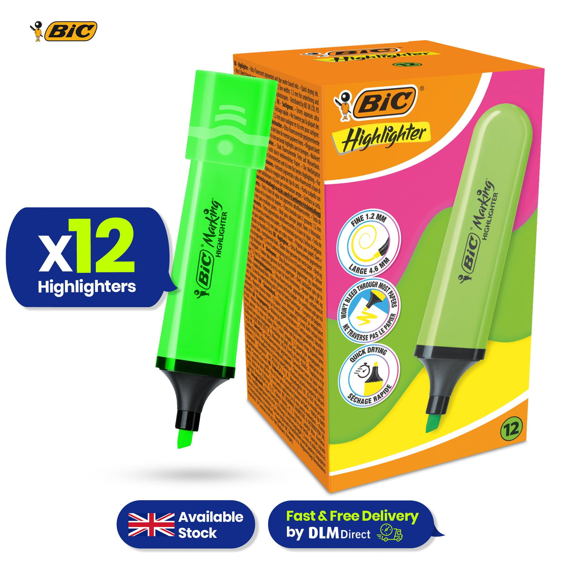 BIC 12x Marking Highlighter Flat Marker Neon Green Modular Tip for ...