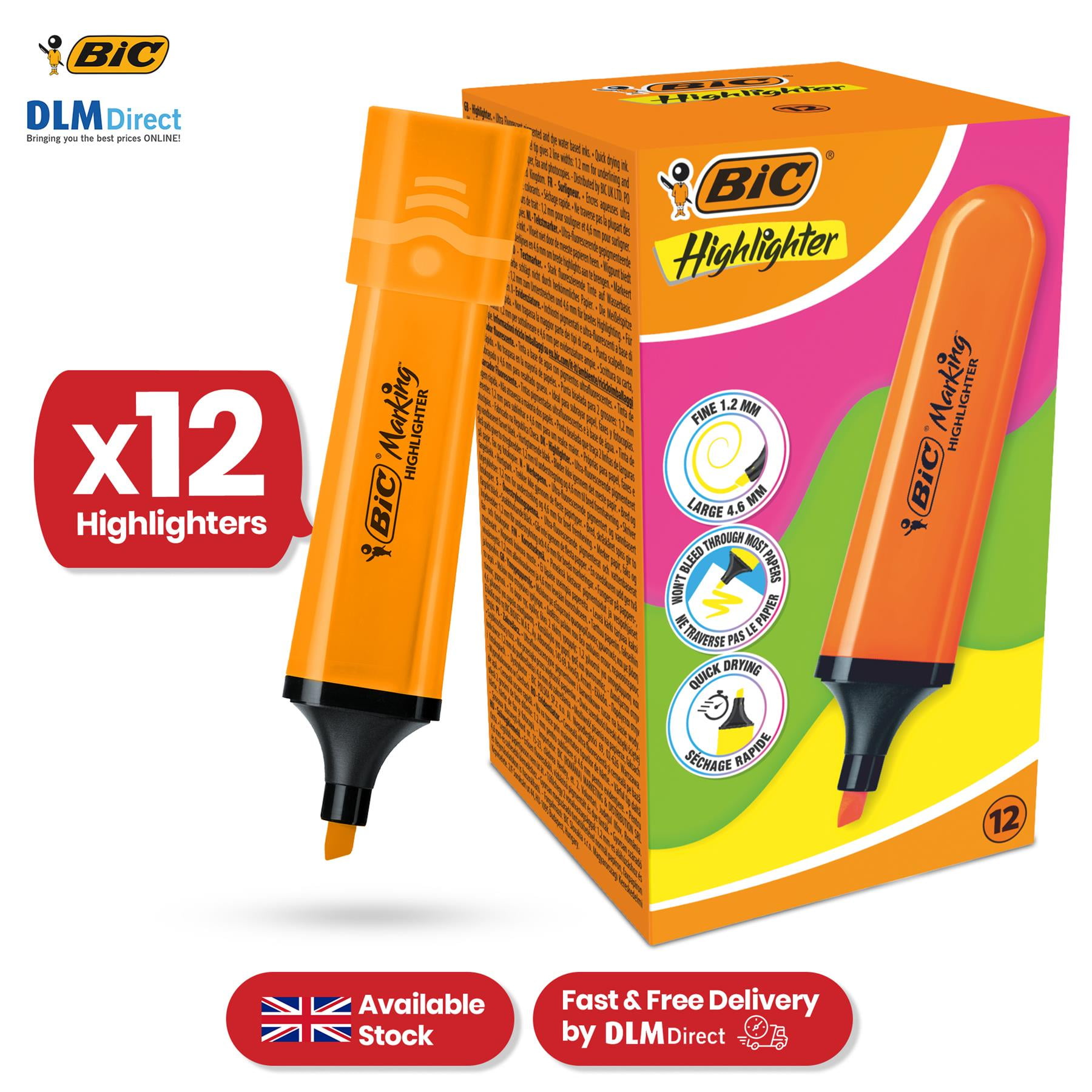 BIC 12x Marking Highlighter Flat Marker Neon Orange Modular Tip for ...