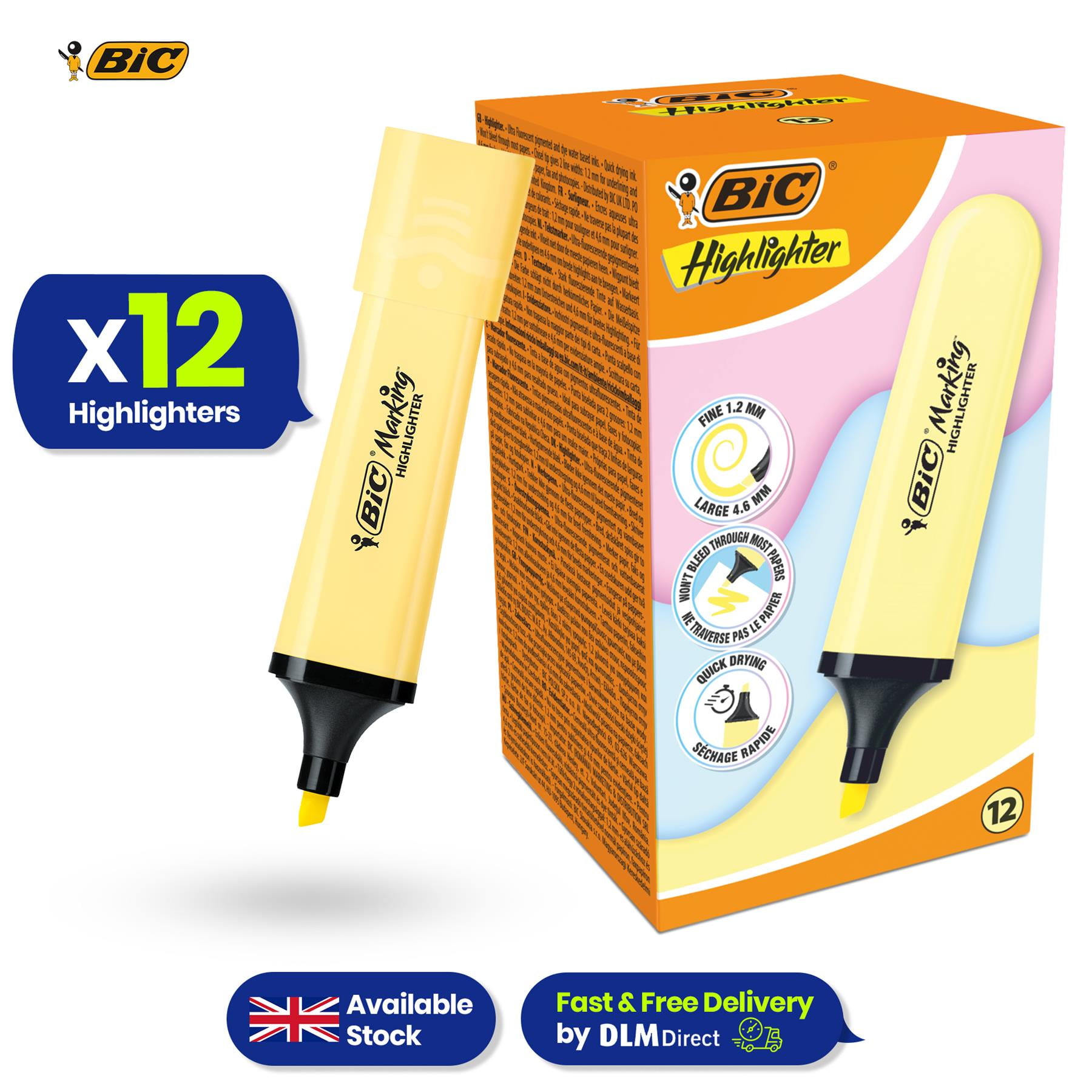 BIC 12x Marking Highlighter Flat Pastel Yellow Modular Tip for Precise ...