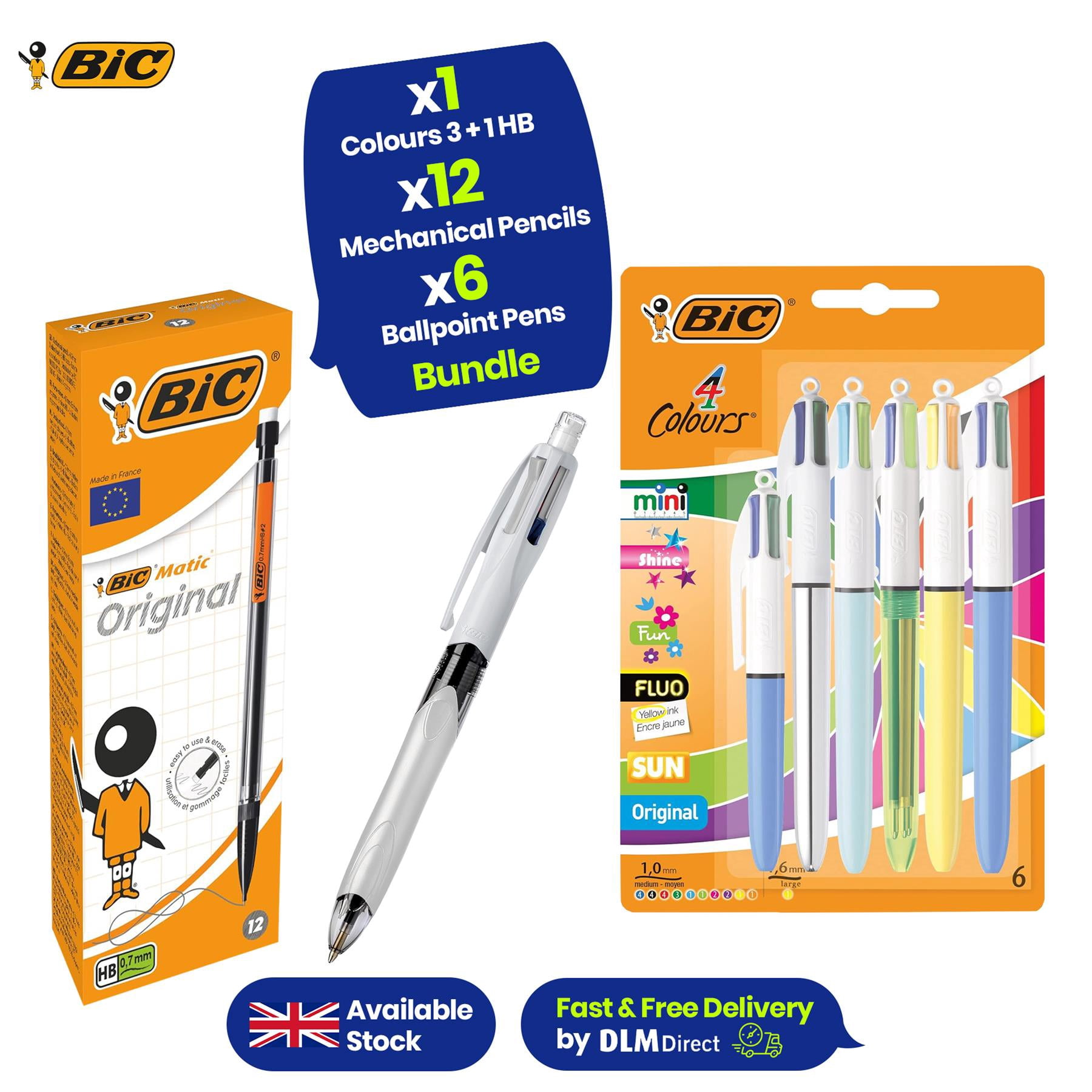 BIC 12x Matic Pencils & 4 Colours Pen with HB Lead & 6x 4 Colours ...