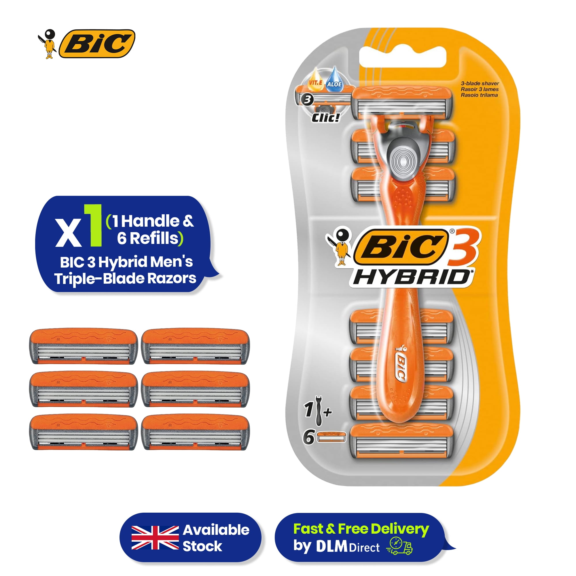 BIC 3 Hybrid Triple Blade Men Razor with Long Grip Handle & 6 ...
