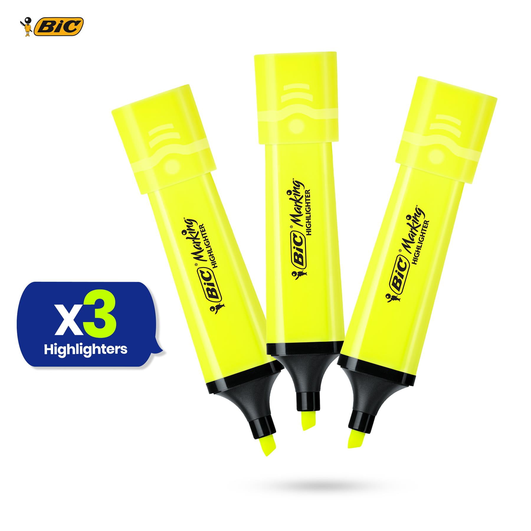 BIC 3x Marking Highlighter Flat Marker Neon Yellow Modular Tip for ...