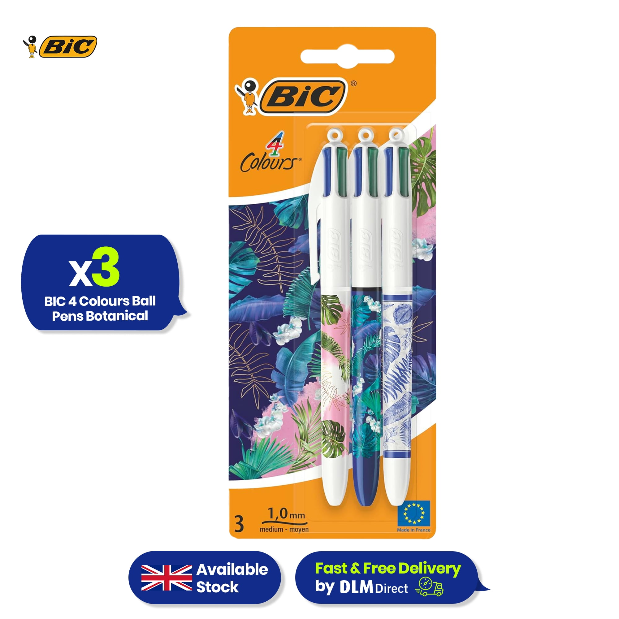 BIC 4 Colours Ball Pens Botanical Pack of 3 with Black Blue Red Green ...