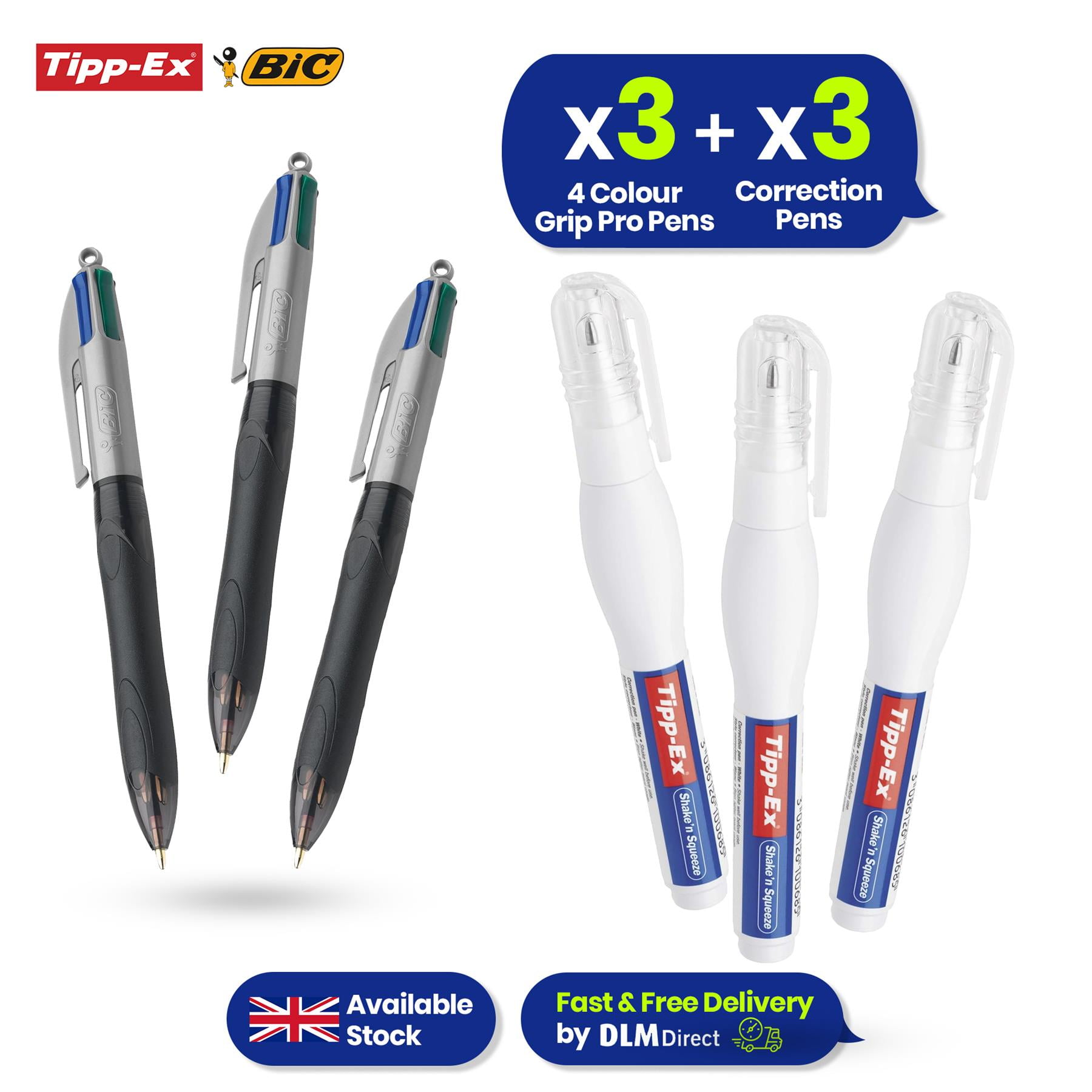 3x BIC 4 Colours Grip Pens Pro & Tipp-Ex Fluid Correction Pens 3-Pack ...