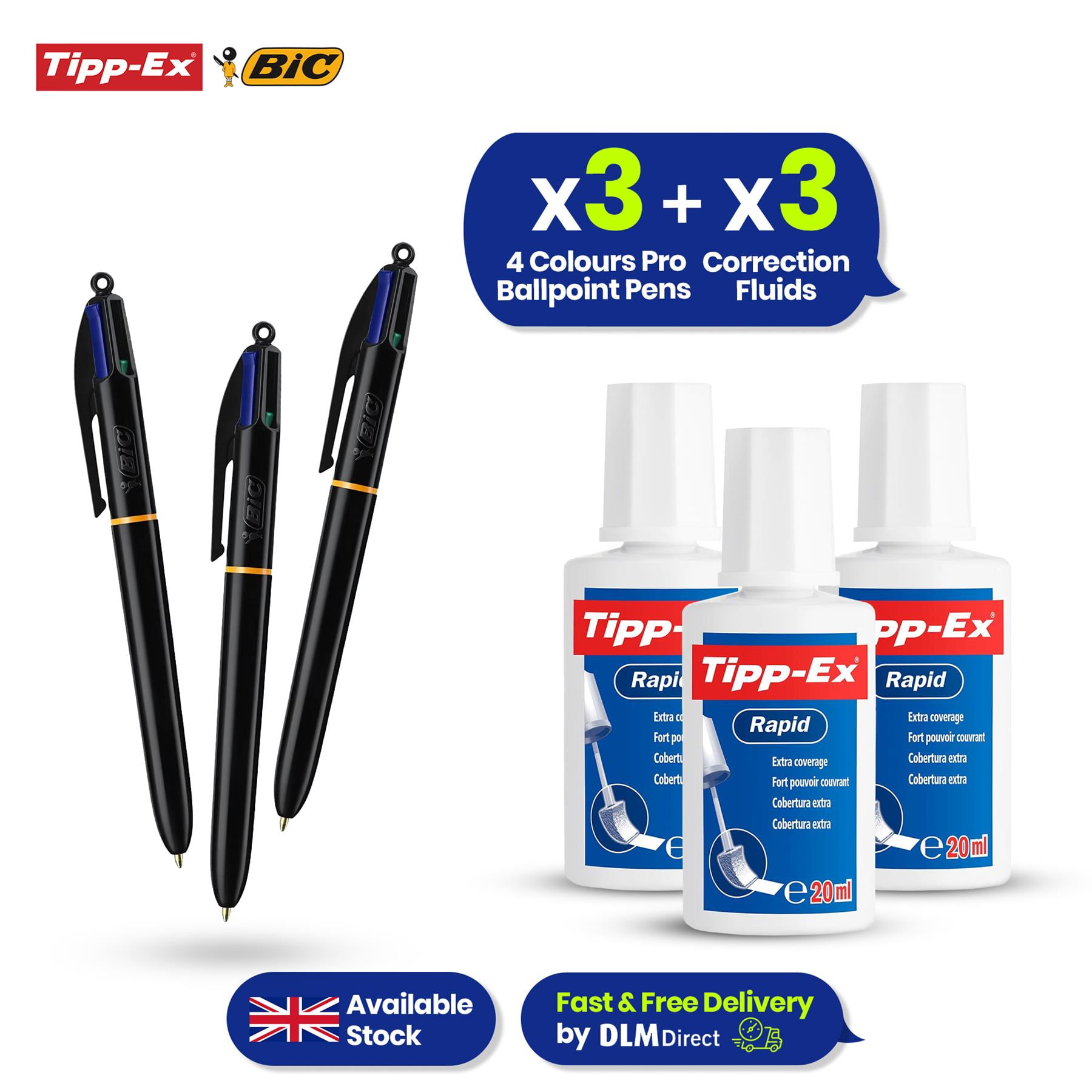 BIC 4 Colours Pro Pens Pack of 3 + Tipp-Ex Rapid Pack of 3 - Walmart.com