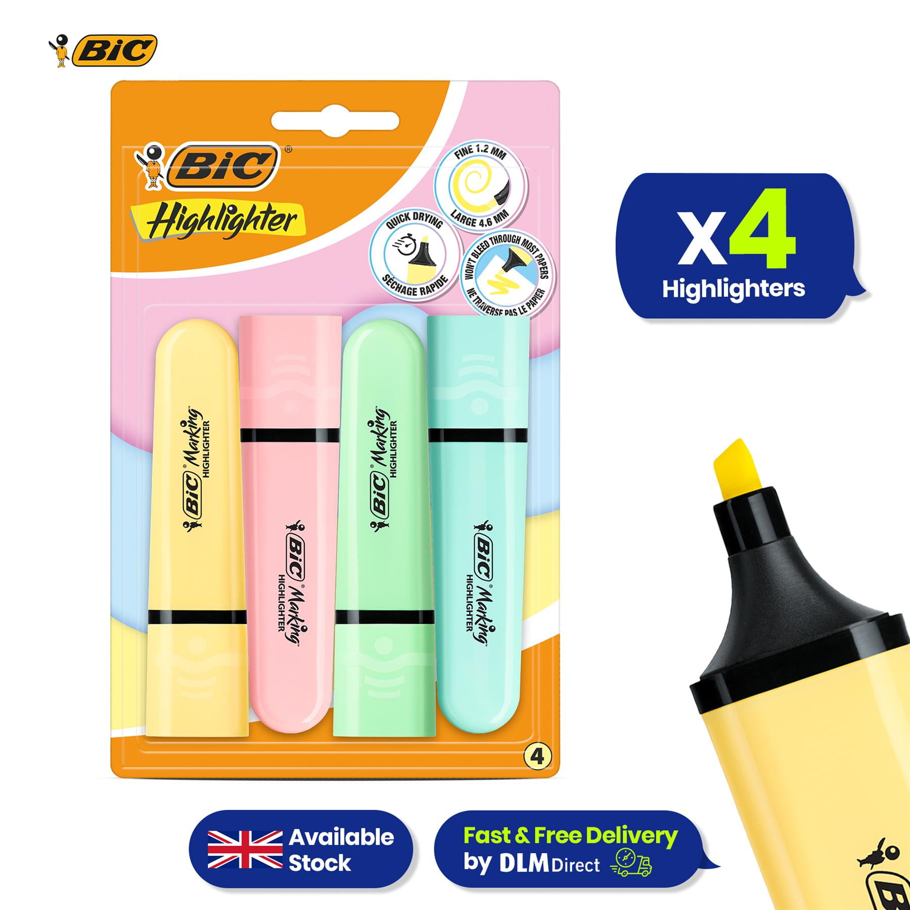 BIC 4x Marking Highlighter Flat Assorted Pastel Modular Tip for Precise ...