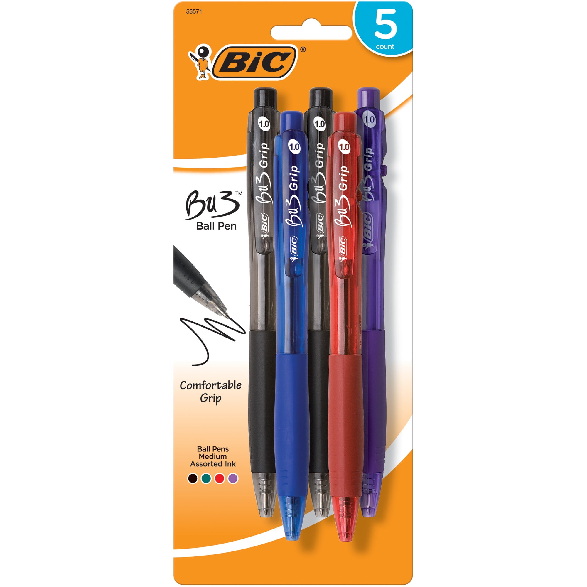 BIC BU3 Grip Retractable Ball-Point Pens, Assorted Colors, Medium Point ...