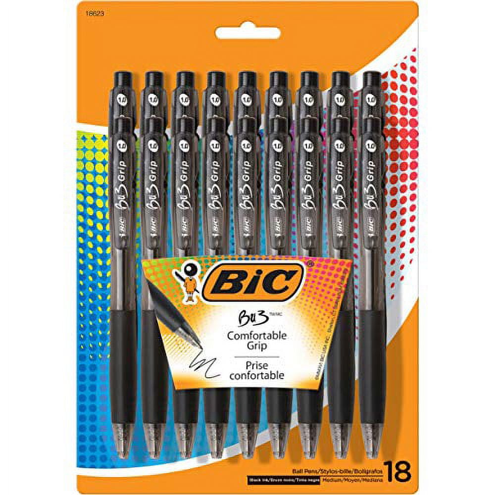 BIC BU3 Grip Retractable Ballpoint Pen, Medium Point (1.0mm), Black, 18 ...