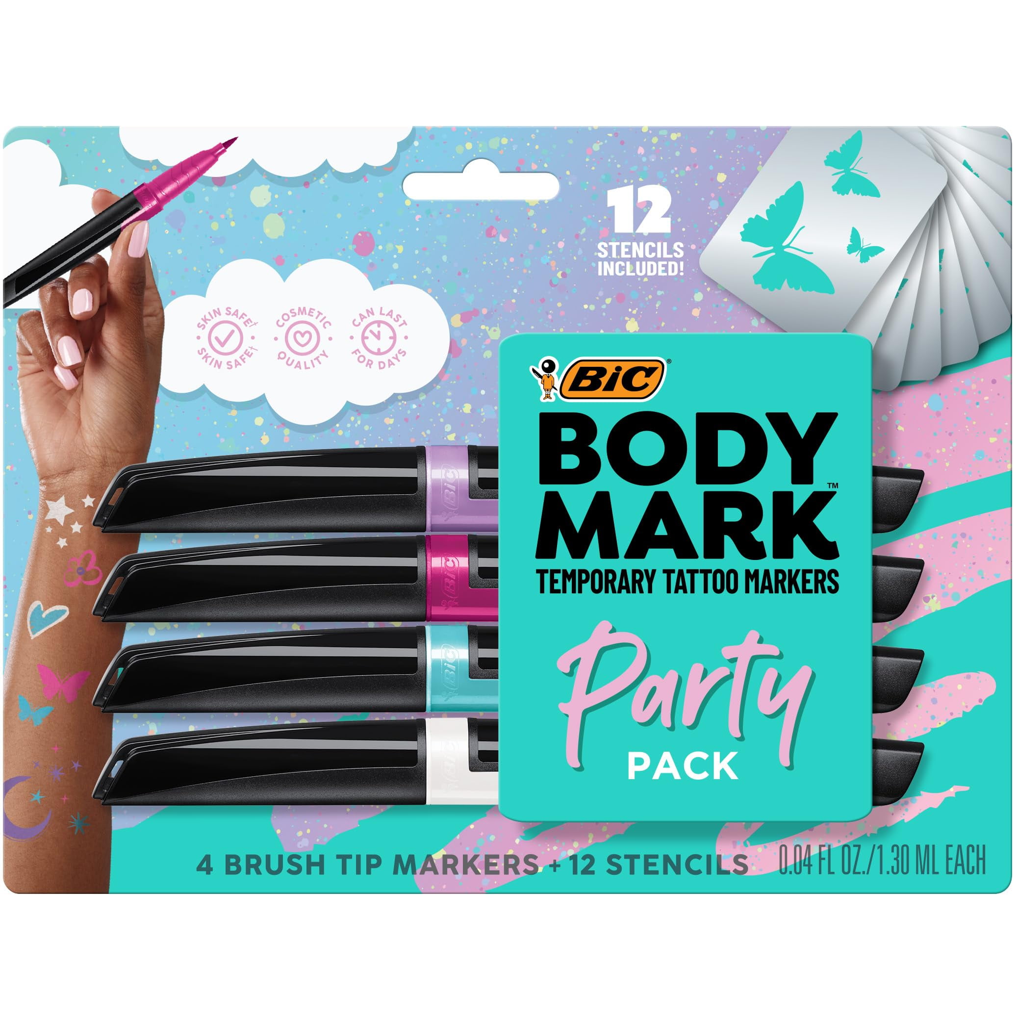 BIC BodyMark Party Pack Temporary Tattoo Marker for Skin, Premium Brush ...