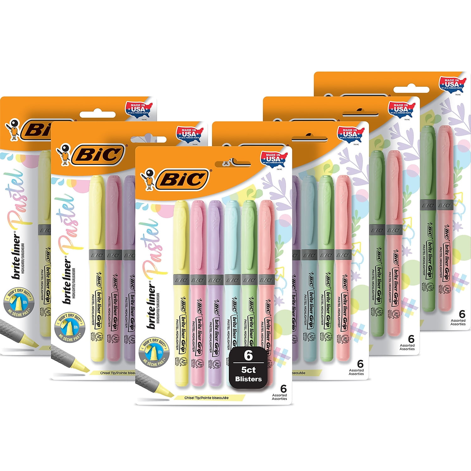 BIC Brite Liner Grip Highlighters Chisel Tip Assorted Colors 6/Set 6 ...