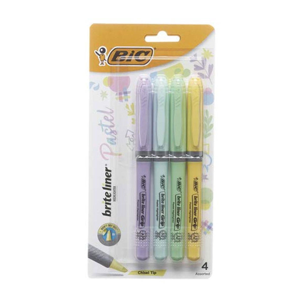 BIC Brite Liner Grip Pastel Highlighter Set, Chisel Tip, 4-Count Pack ...