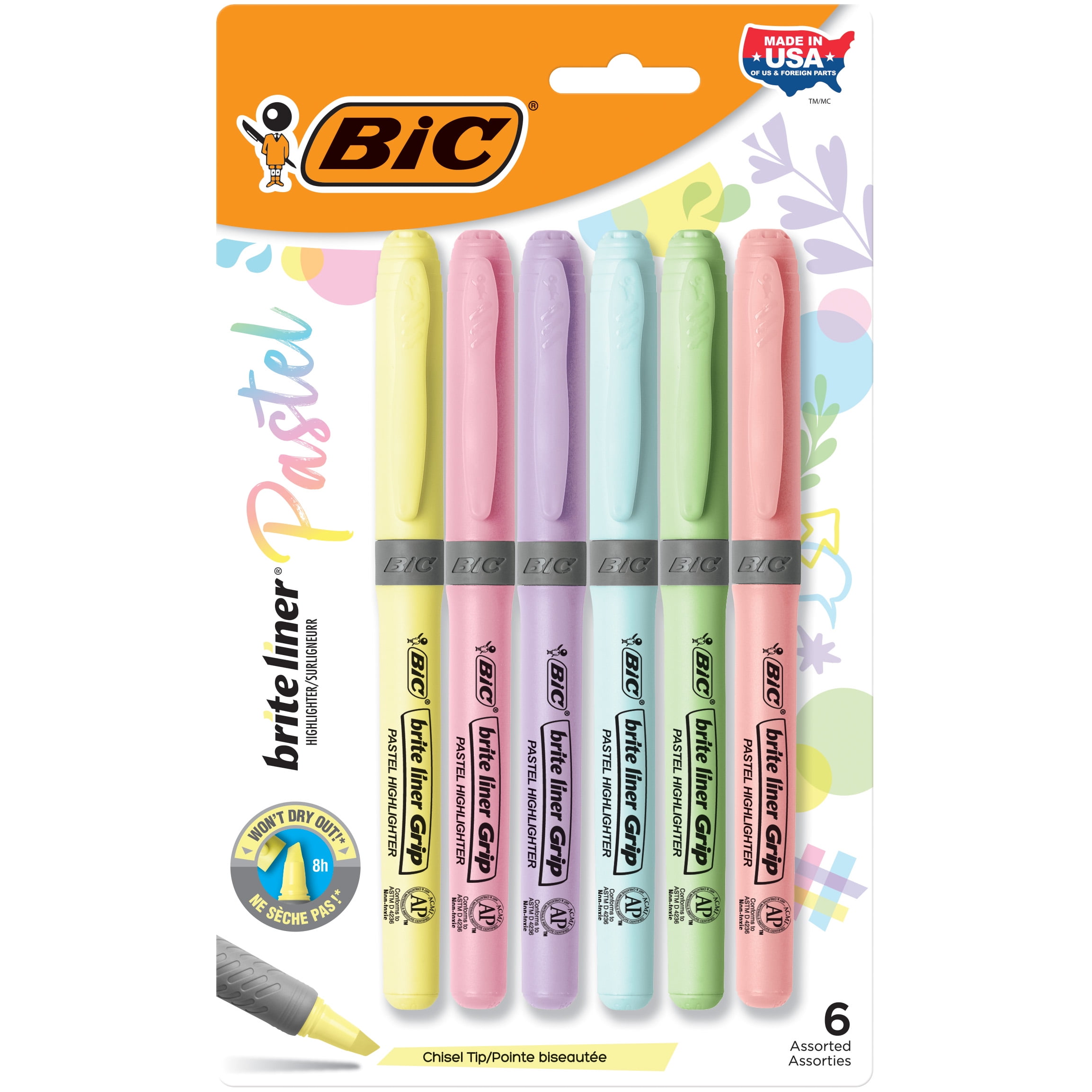 BIC Brite Liner Highlighter, Chisel Tip, Pastel Colors, 6 Count ...