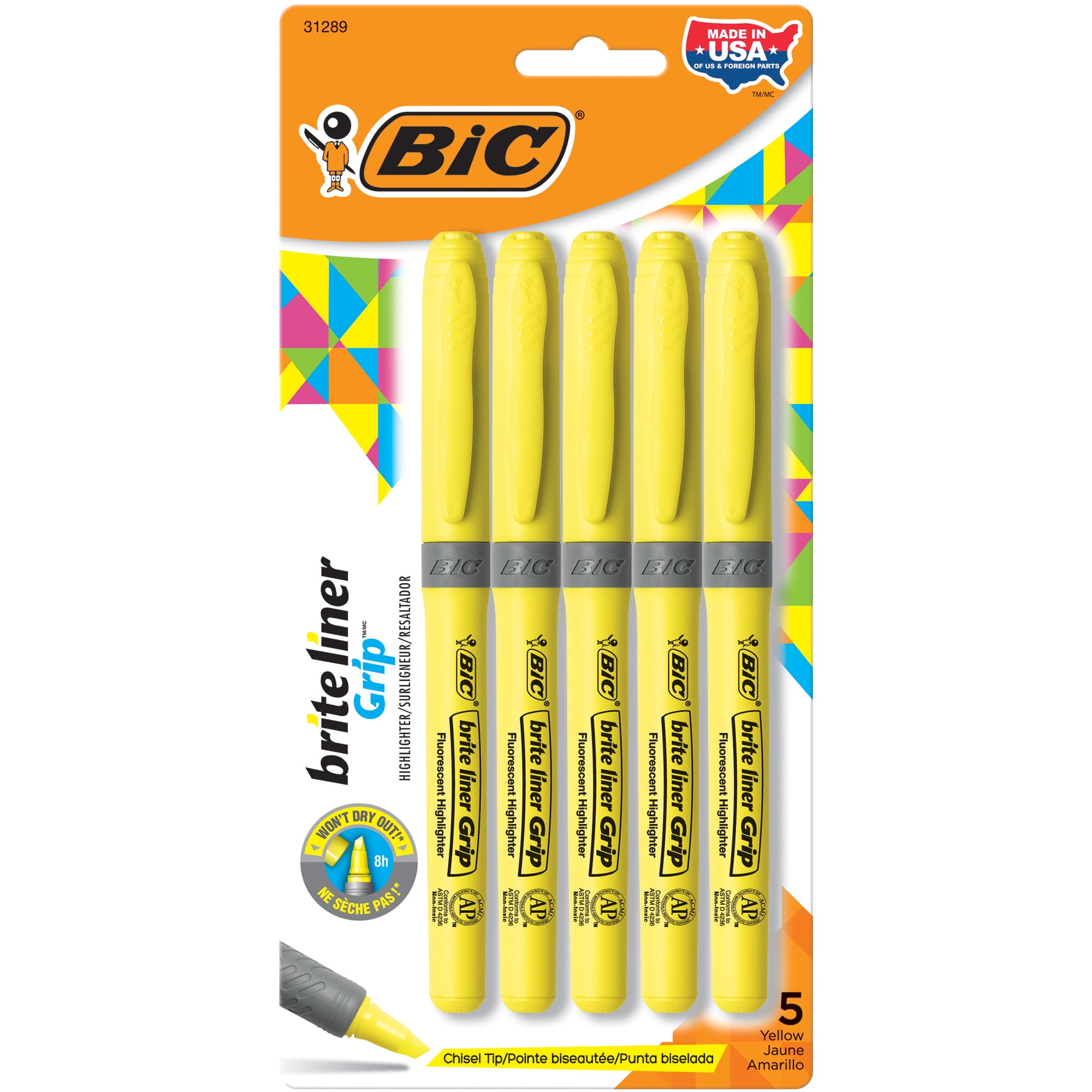 BIC Brite Liner Grip Bright Pocket Highlighter, Chisel Tip, Yellow, Non ...