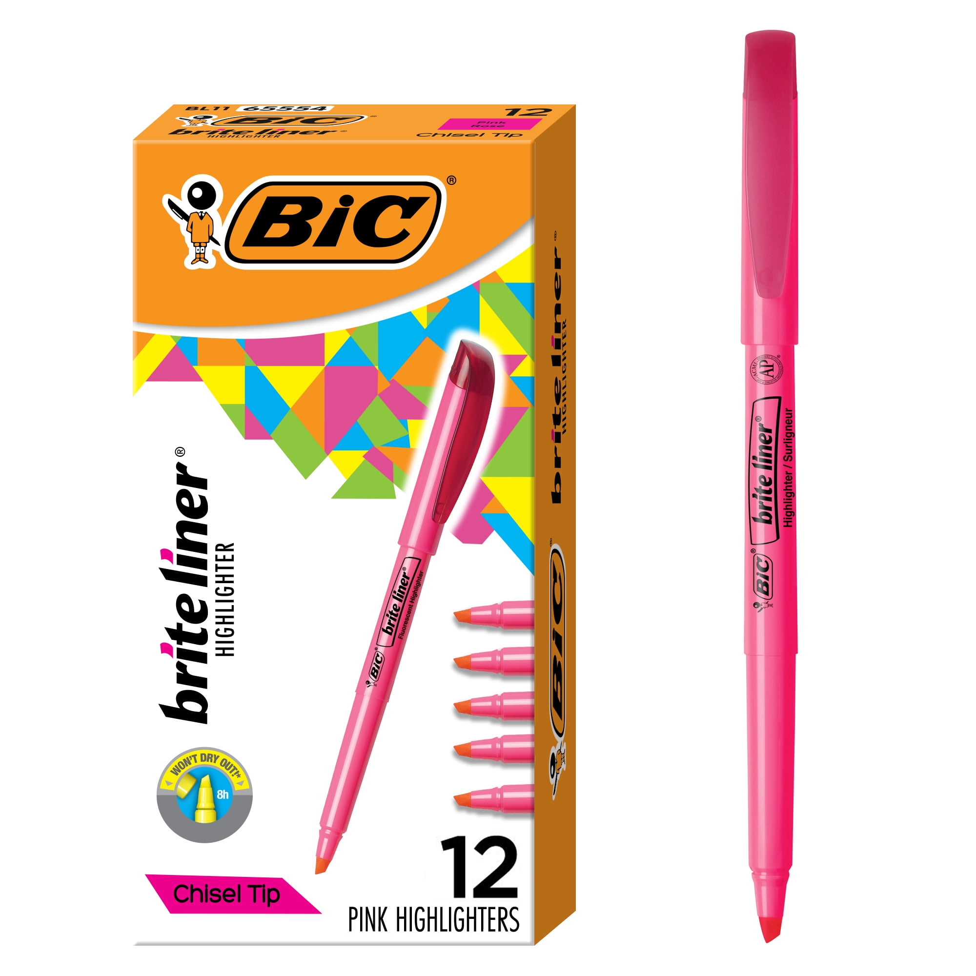 BIC Brite Liner Pen Style Bright Pink Highlighter, Chisel Tip, 12-Pack ...