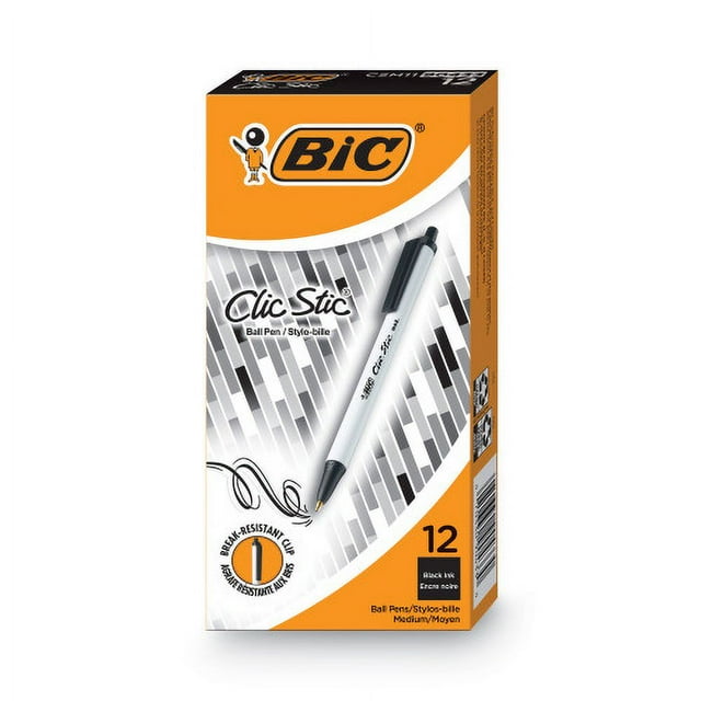 BIC Clic Stic Ballpoint Pen, Retractable, Medium 1 mm, Black Ink, White ...