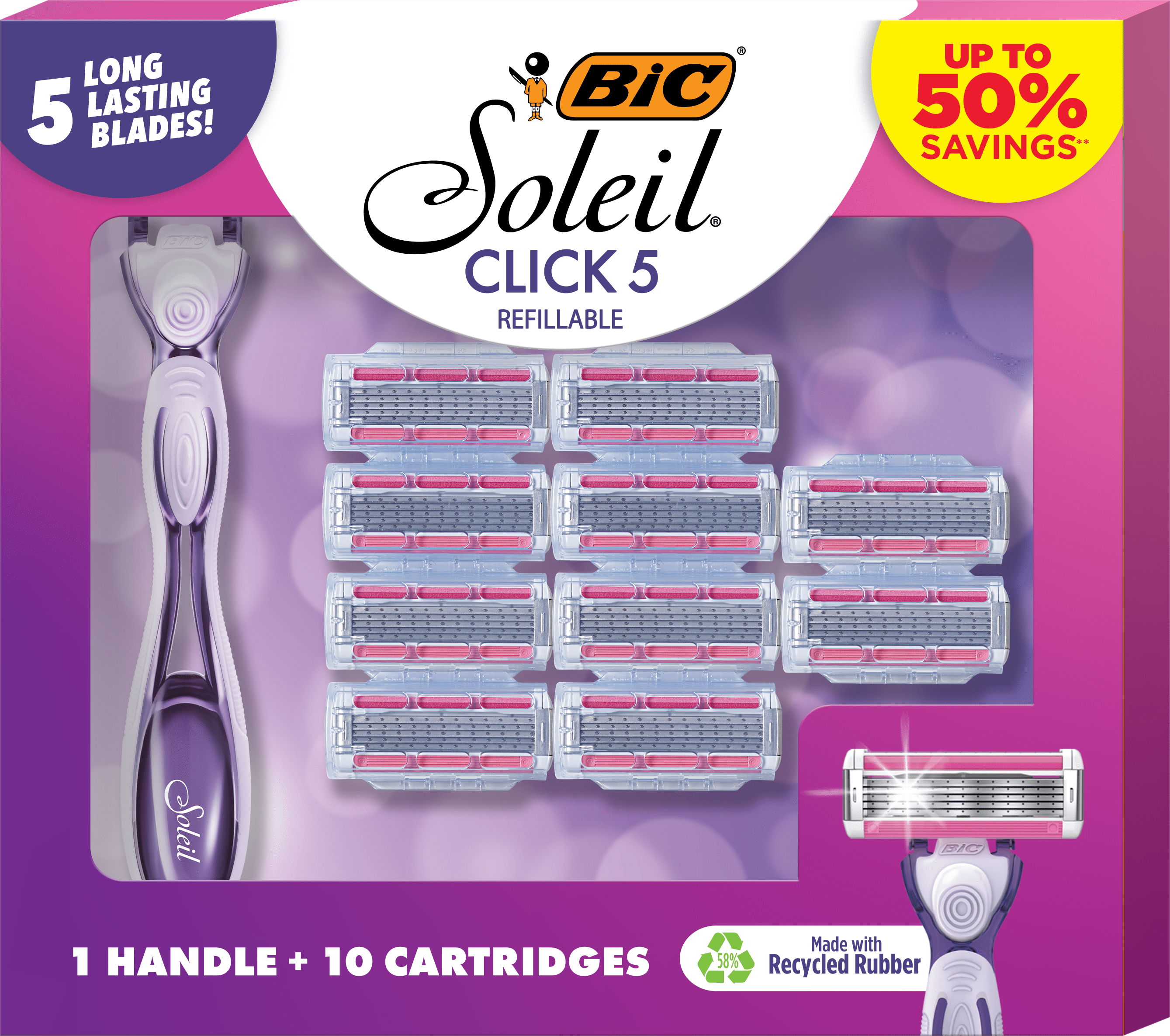 BIC Click 5 Soleil Women's Disposable Razors, 1 Purple Handle & 10 Pink ...