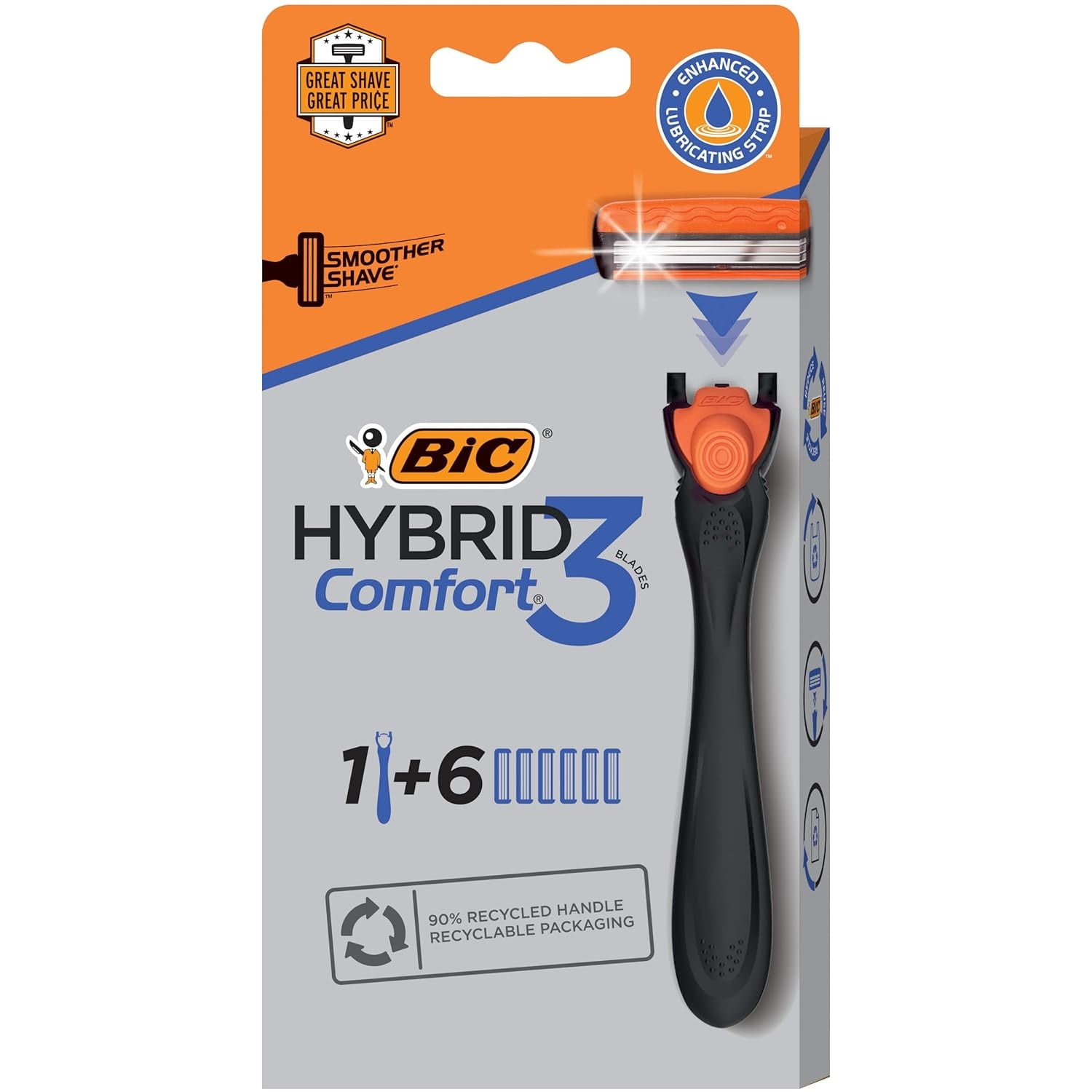 BIC Comfort 3 Hybrid Razor, Refillable Handle, 6 Lubricating Cartridge ...