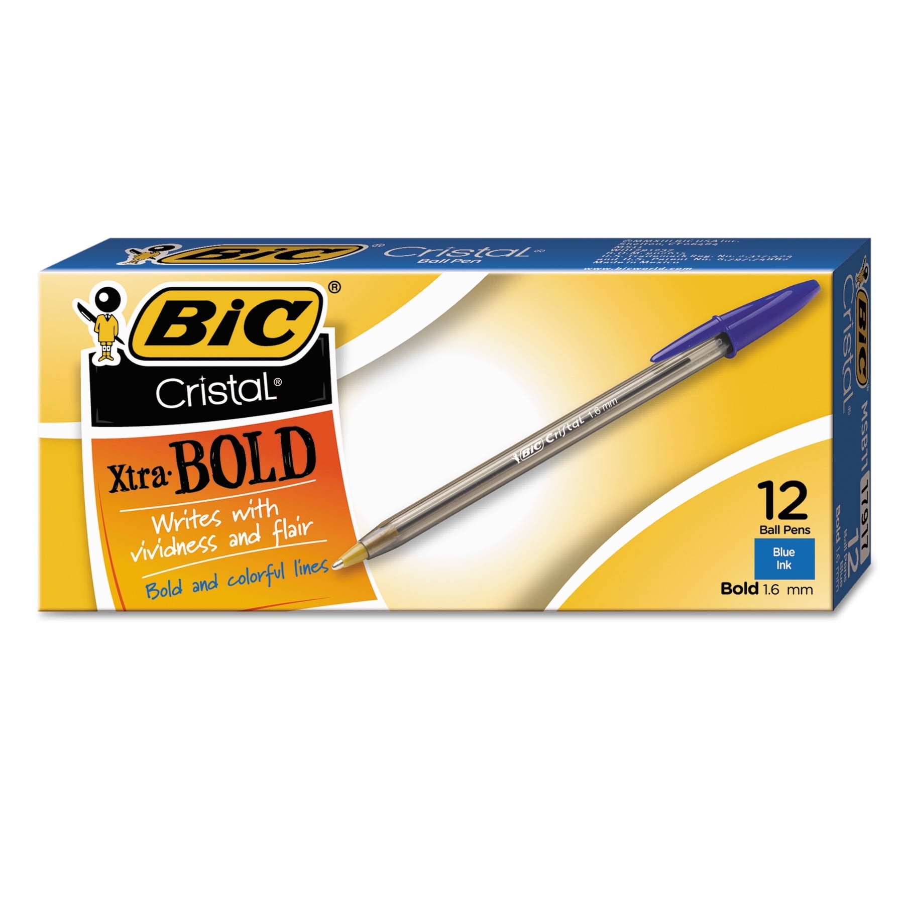 BIC Cristal Xtra Bold Ballpoint Stick Pen, Blue Ink, 1.6mm, Dozen Pack, Non-Refillable, Medium ...