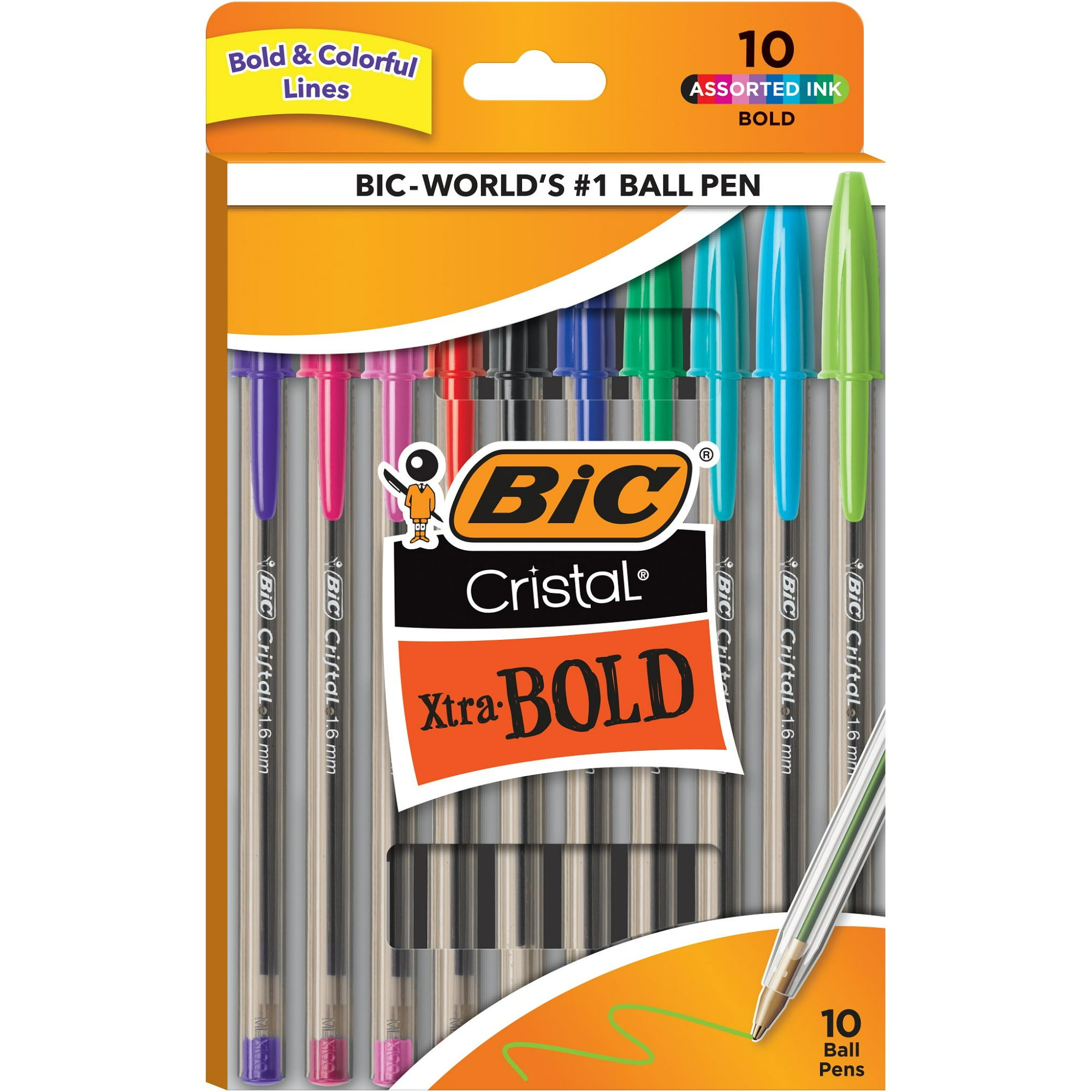 BIC Cristal Xtra Bold Ballpoint Stick Pens, Bold Point, 1.6 mm, Assorted Ink Colors, Pack of 10 ...