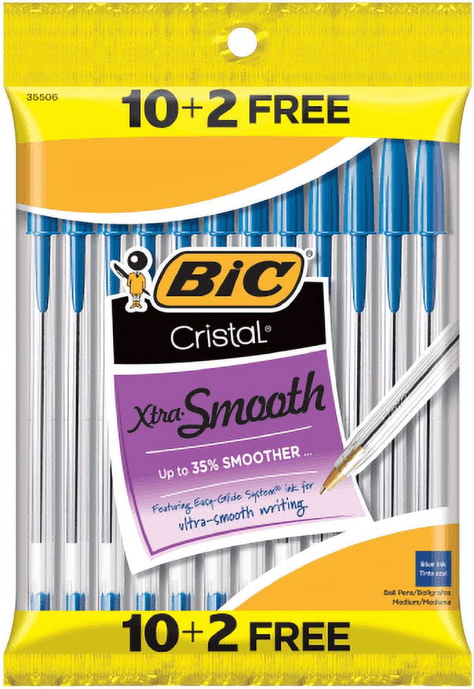 BIC Cristal Xtra Smooth Medium Point Ball Pen, Glide Point, Clear Barrel, Blue, 12 Pack ...