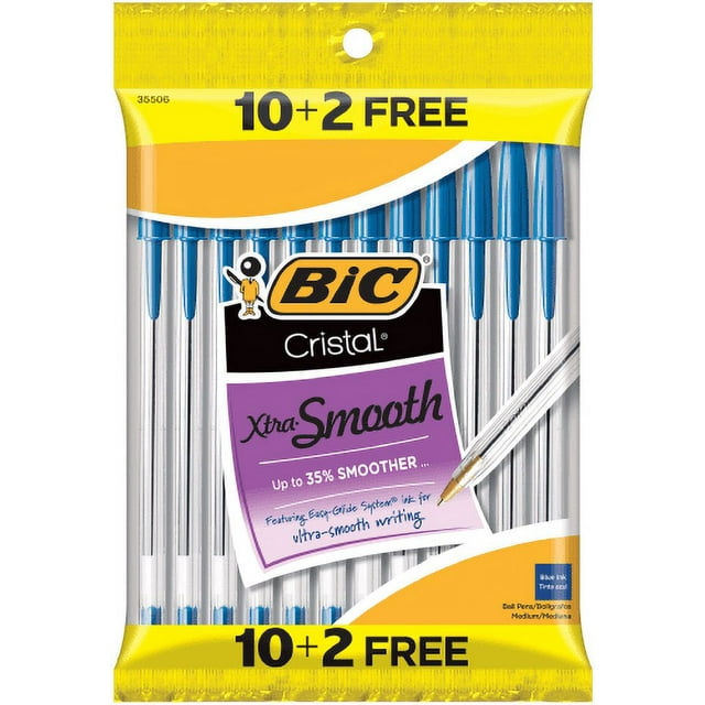 BIC Cristal Xtra Smooth Medium Point Ball Pen, Glide Point, Clear Barrel, Blue, 12 Pack ...
