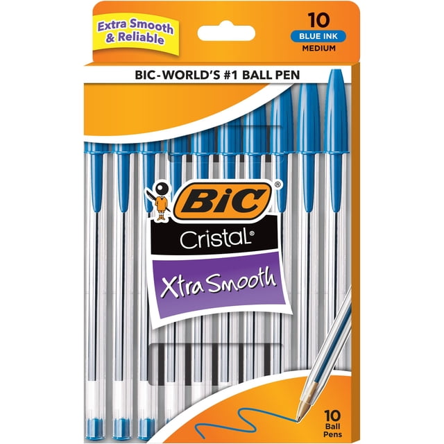 BIC Cristal Xtra Smooth Medium Point Ballpoint Pens, Clear Barrel, Blue ...