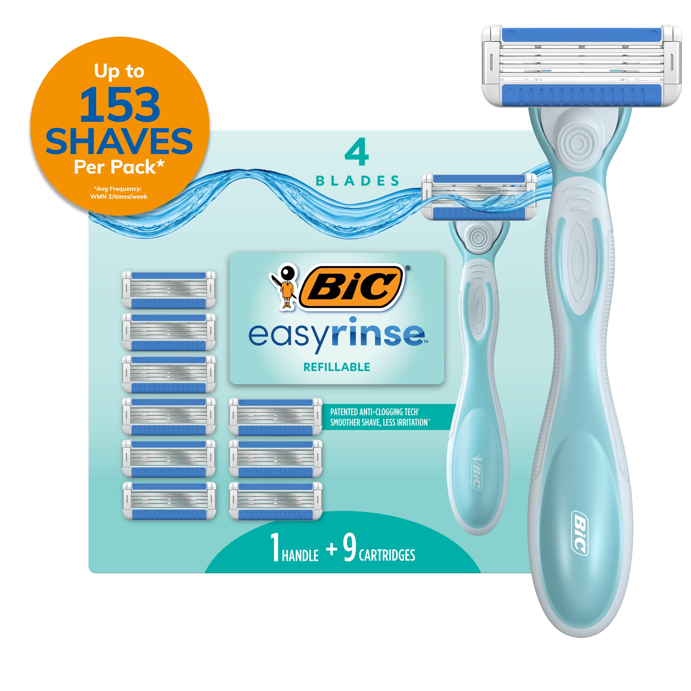 BIC EasyRinse Anti-Clogging Refillable Razors, Women's, 4-Blade, 1 ...